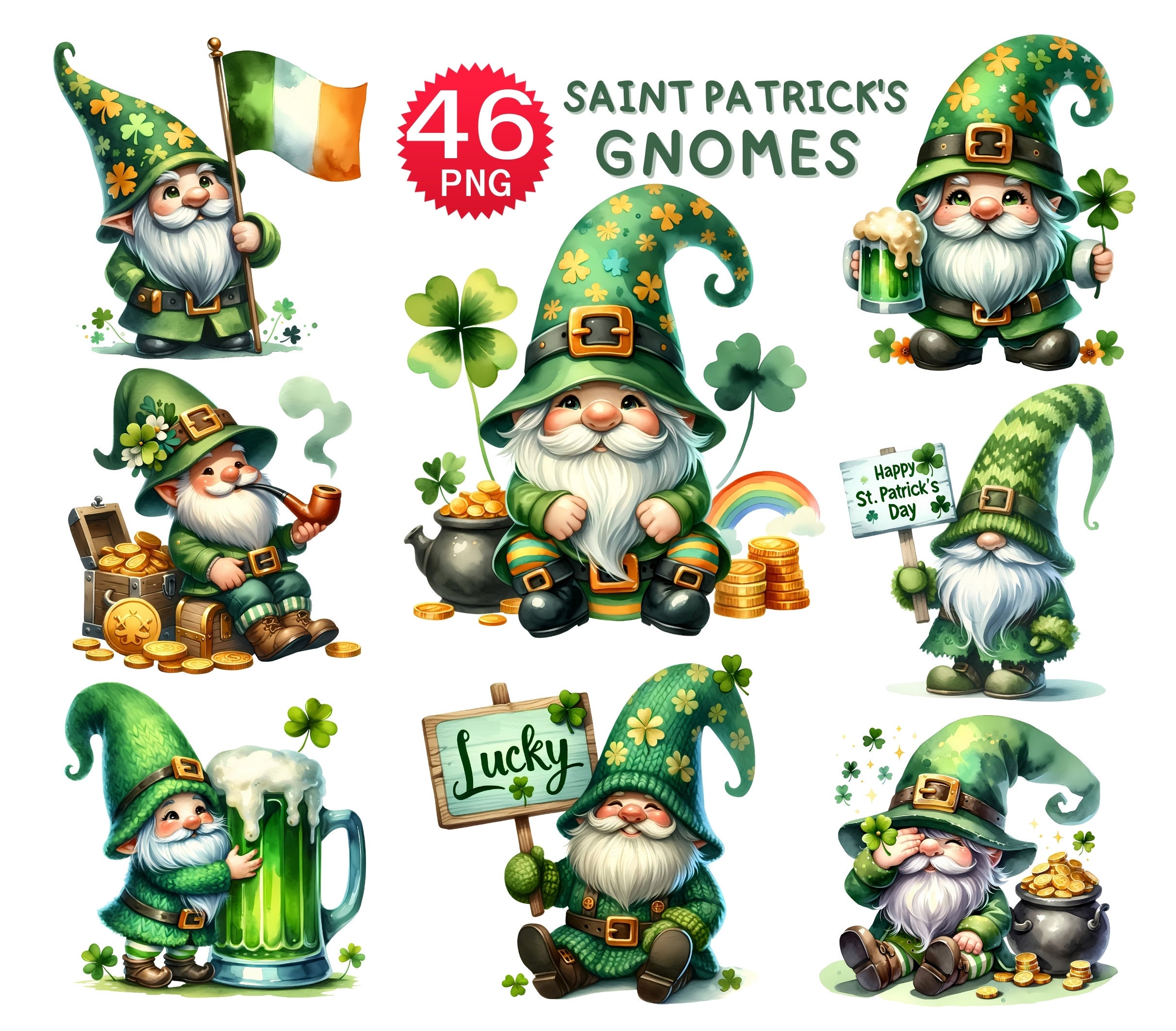 Watercolor Saint Patrick Gnomes Clipart, 46 PNG Festive Gnomes Clipart ...