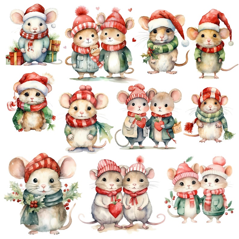 Christmas Mouse PNG Clipart Bundle, Watercolor Xmas Mouse, Merry ...