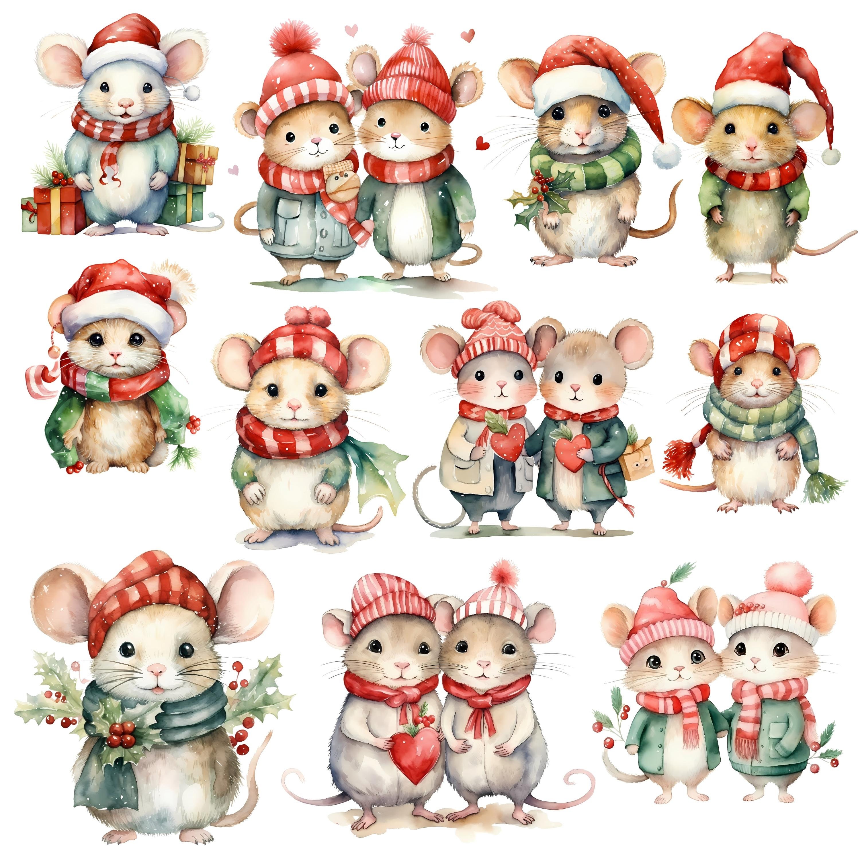 Christmas Mouse PNG Clipart Bundle, Watercolor Xmas Mouse, Merry ...