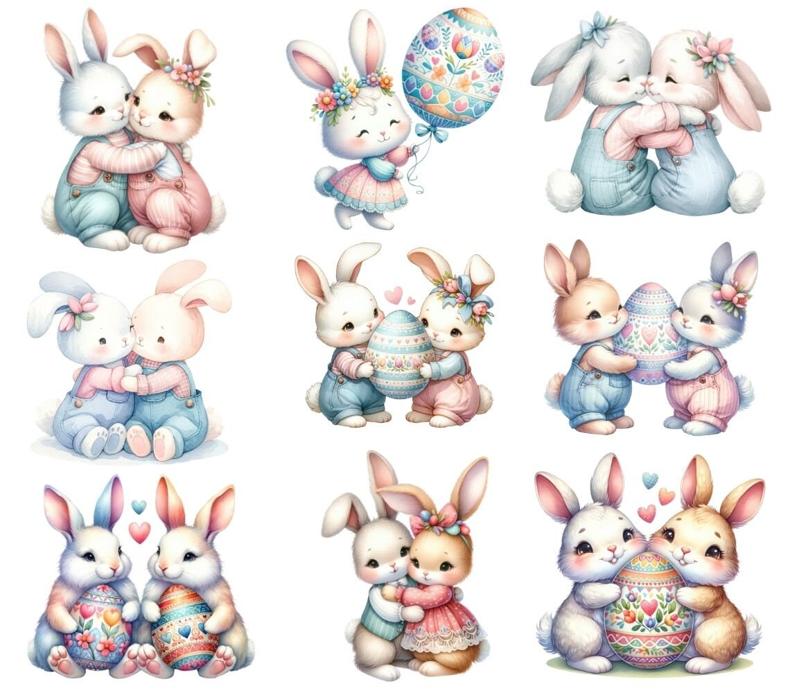 Watercolor Easter Bunnies Clipart, Spring Bundle, Cute Baby Animals ...