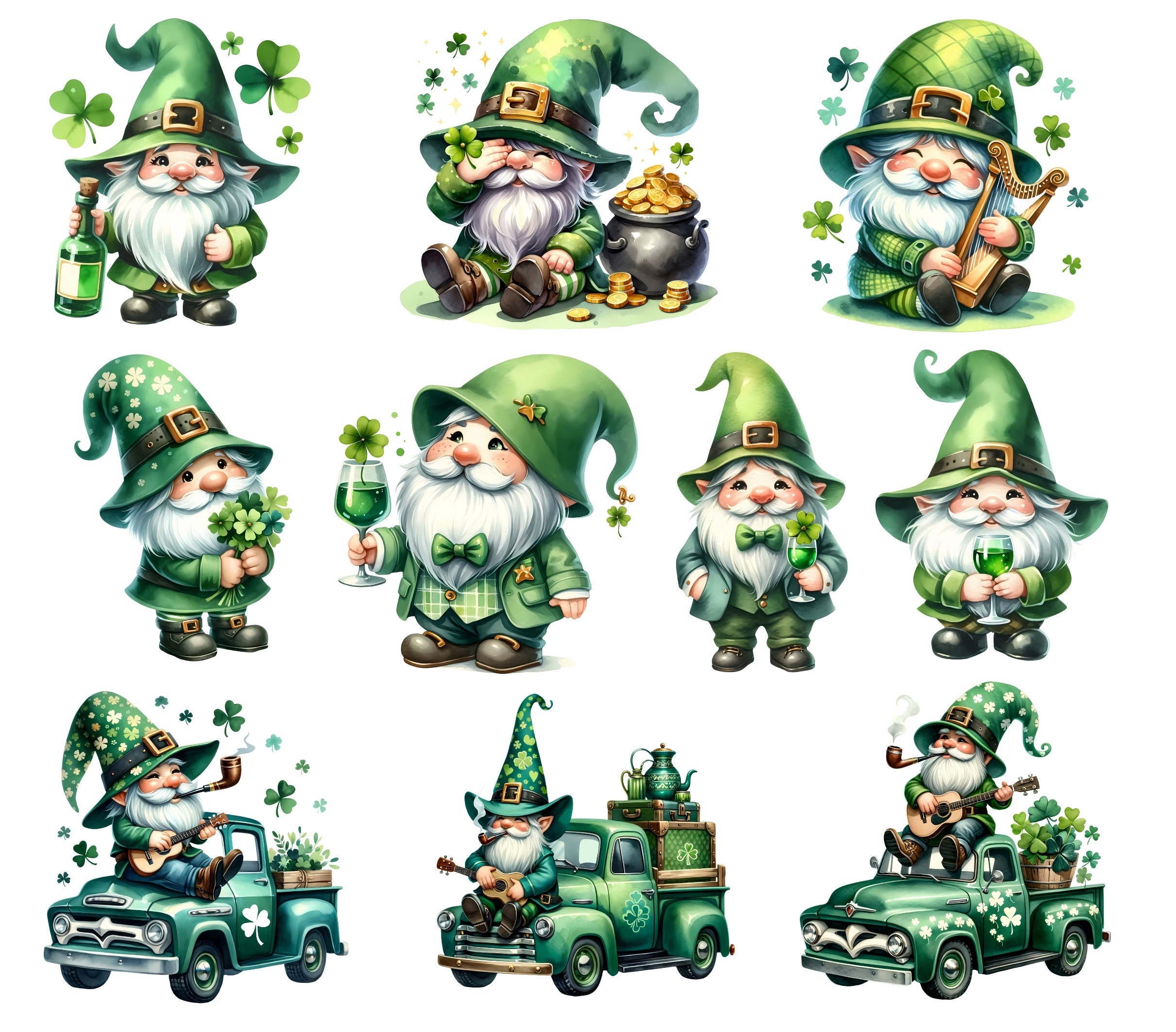 Watercolor Saint Patrick Gnomes Clipart, 46 PNG Festive Gnomes Clipart ...