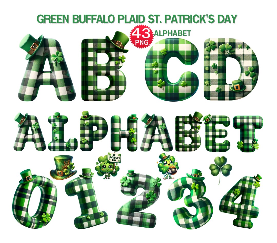 Green Buffalo Plaid St. Patrick's Day Alphabet Clipart, Letters-numbers ...