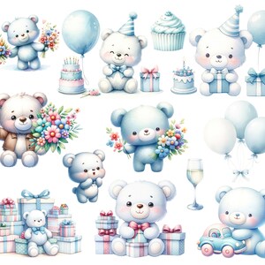 Watercolor Birthday Teddy Bear Clipart: Blue Bear Party Set (PNG/PDF ...
