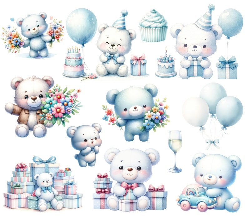 Watercolor Birthday Teddy Bear Clipart, Watercolor Birthday Party ...