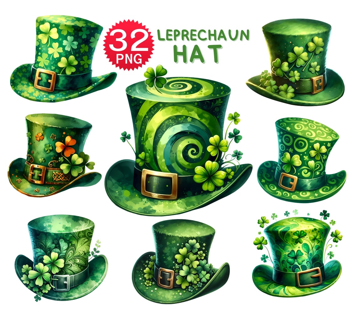 32 PNG, Watercolor Leprechaun Hat, Emerald Hat Clipart Bundle, Green ...
