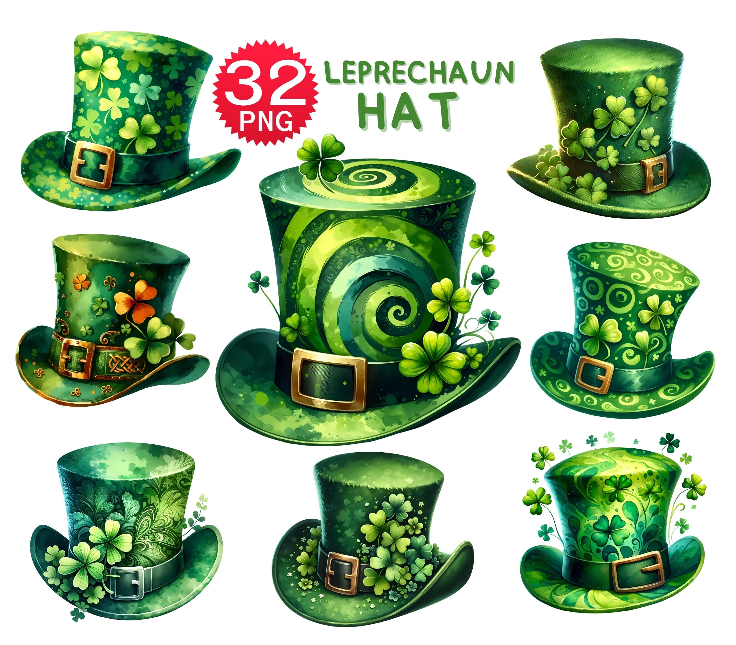 32 PNG, Watercolor Leprechaun Hat, Emerald Hat Clipart Bundle, Green ...