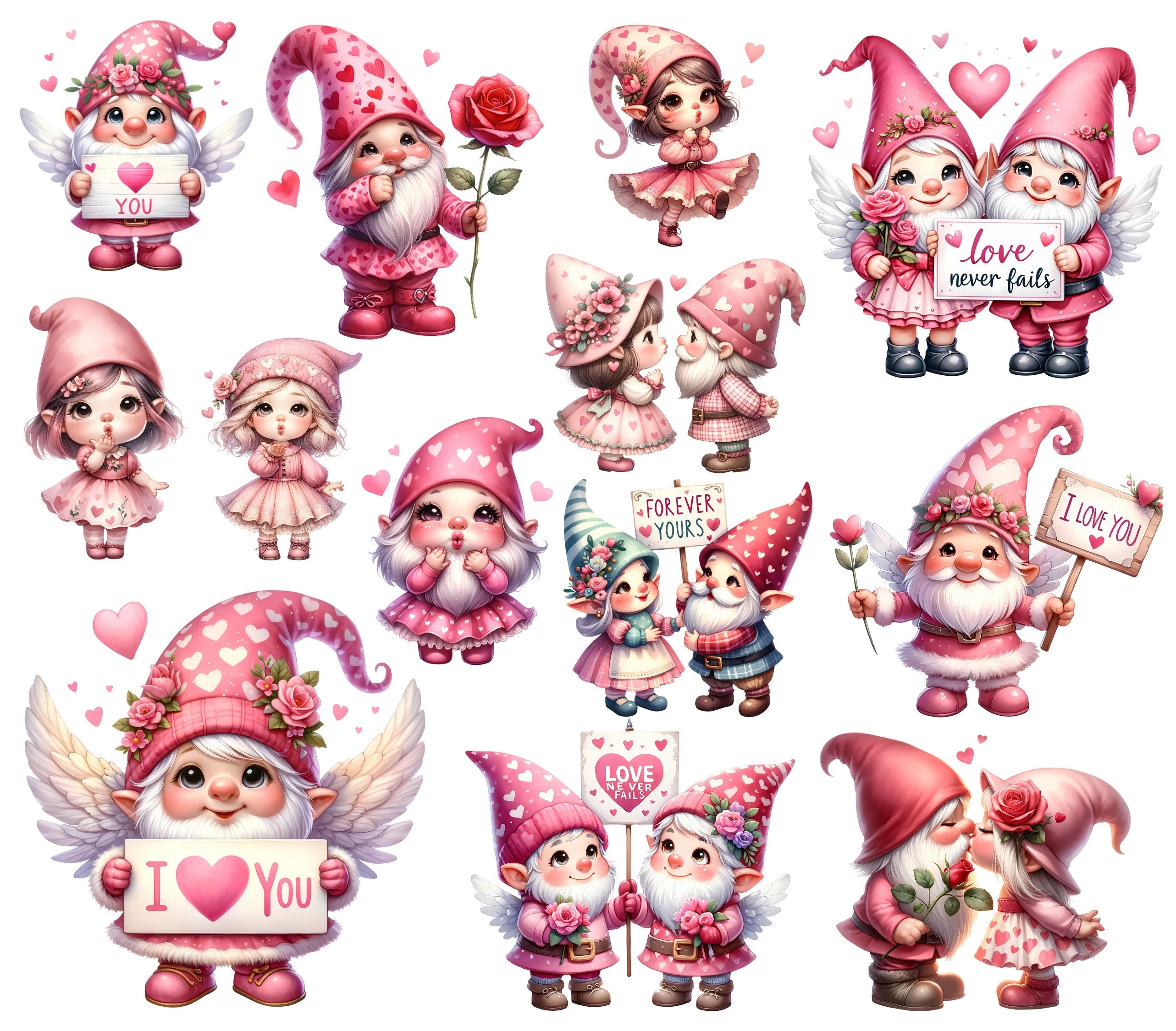 40 PNG, Watercolor Valentine Cupid Gnomes Clipart, Couple Gnomes ...