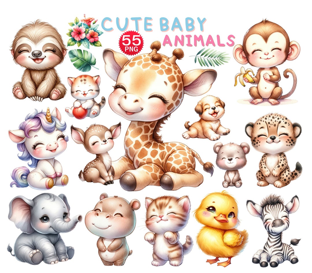 Cute Animal Babies, Watercolor Clipart, Animals Png, Baby Animal ...