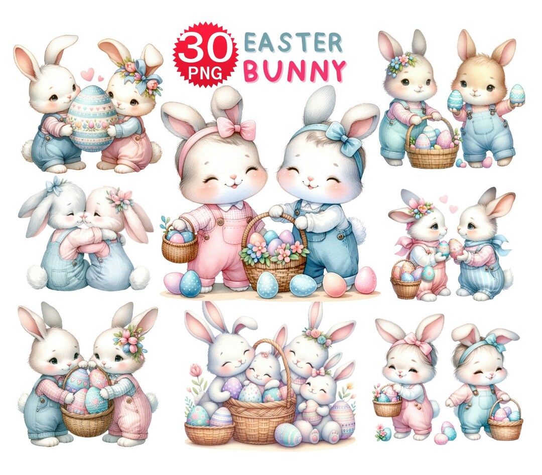 Watercolor Easter Bunnies Clipart, Spring Bundle, Cute Baby Animals ...