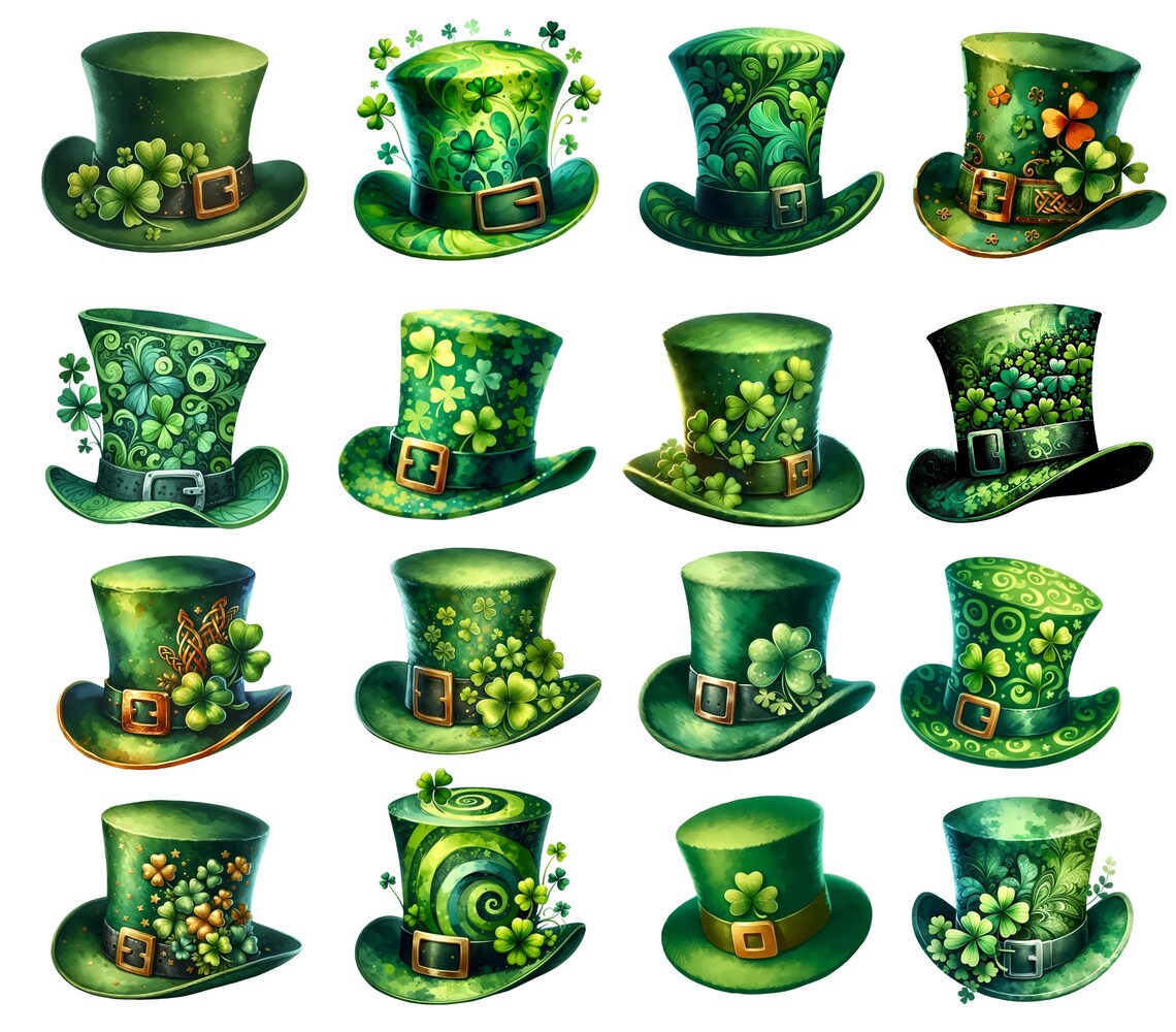 32 PNG, Watercolor Leprechaun Hat, Emerald Hat Clipart Bundle, Green ...