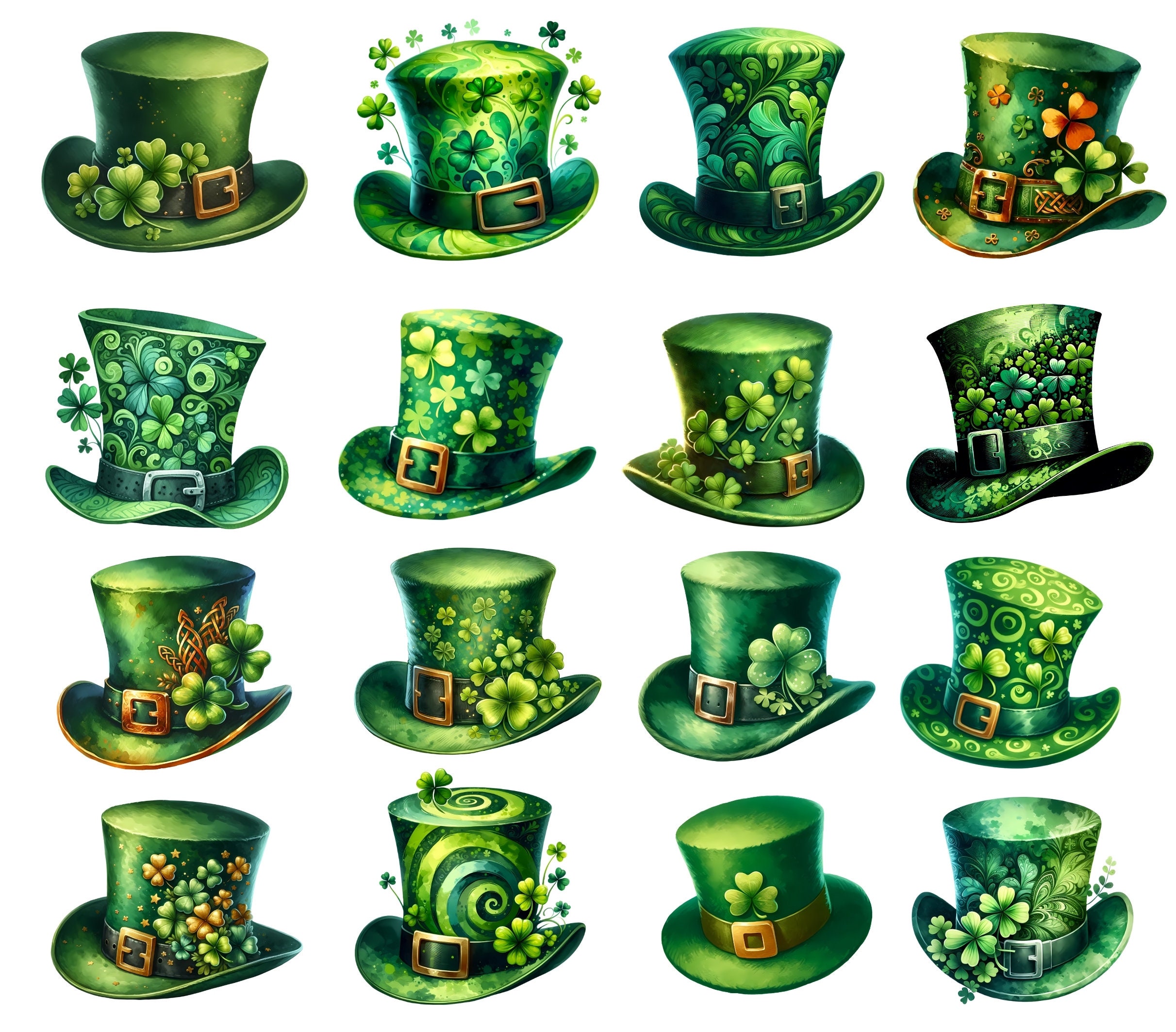 32 PNG, Watercolor Leprechaun Hat, Emerald Hat Clipart Bundle, Green ...