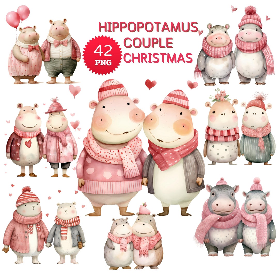 Watercolor Christmas Hippos Couple, Romantic Hippos Clipart, Romantic ...