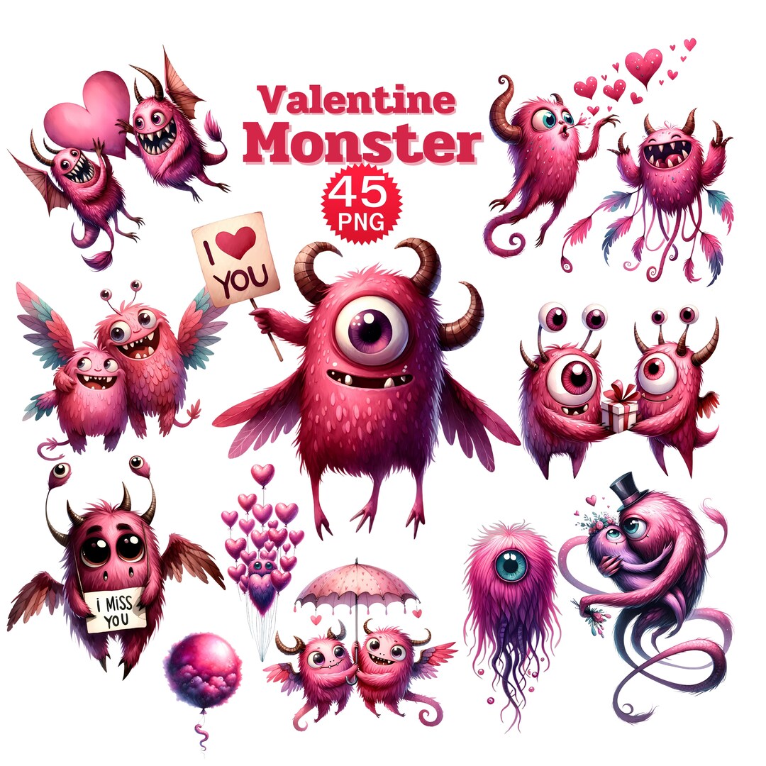 Cute Cartoon Valentine Monsters Clipart, 45 PNG, Valentine Day Clipart ...