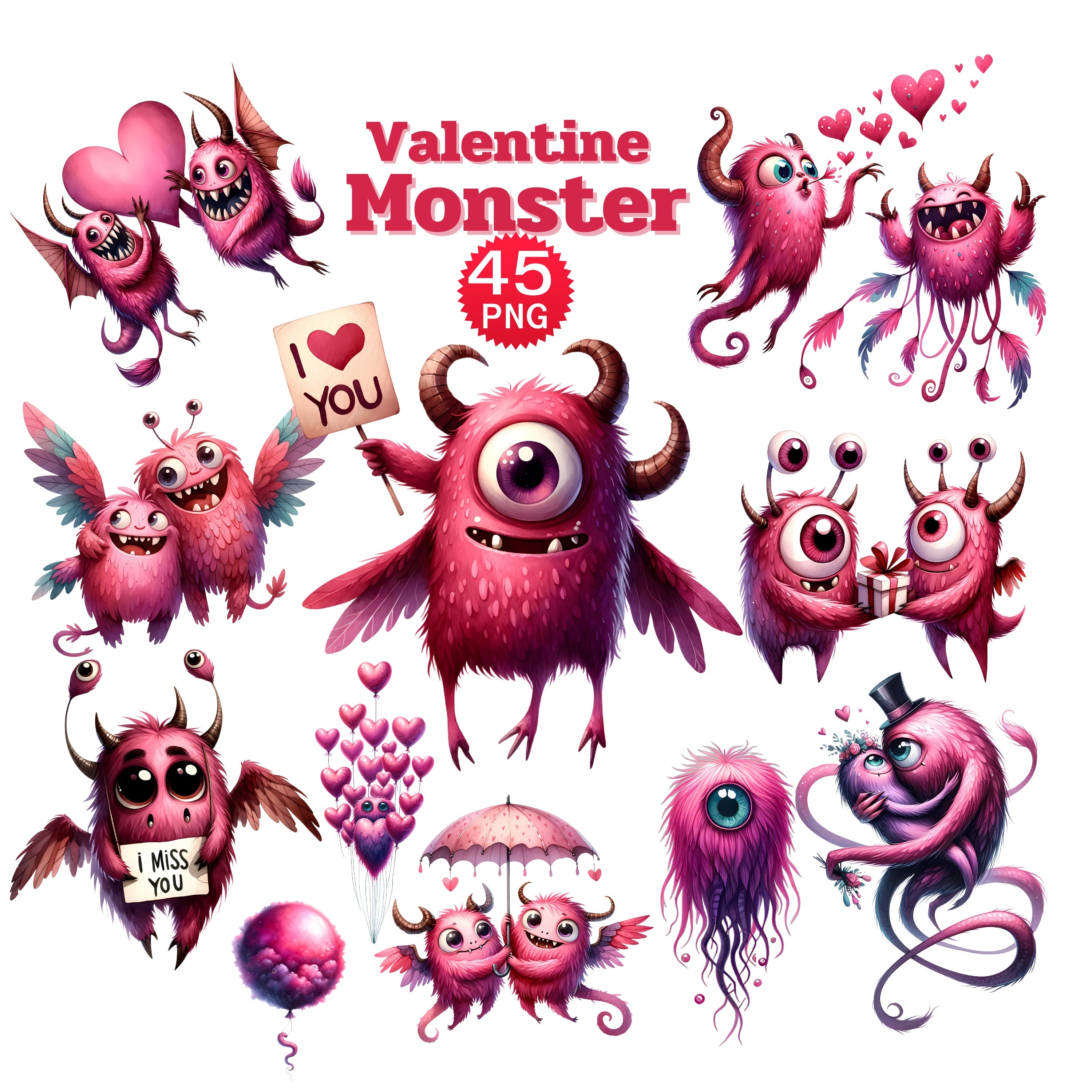Cute Cartoon Valentine Monsters Clipart, 45 PNG, Valentine Day Clipart ...