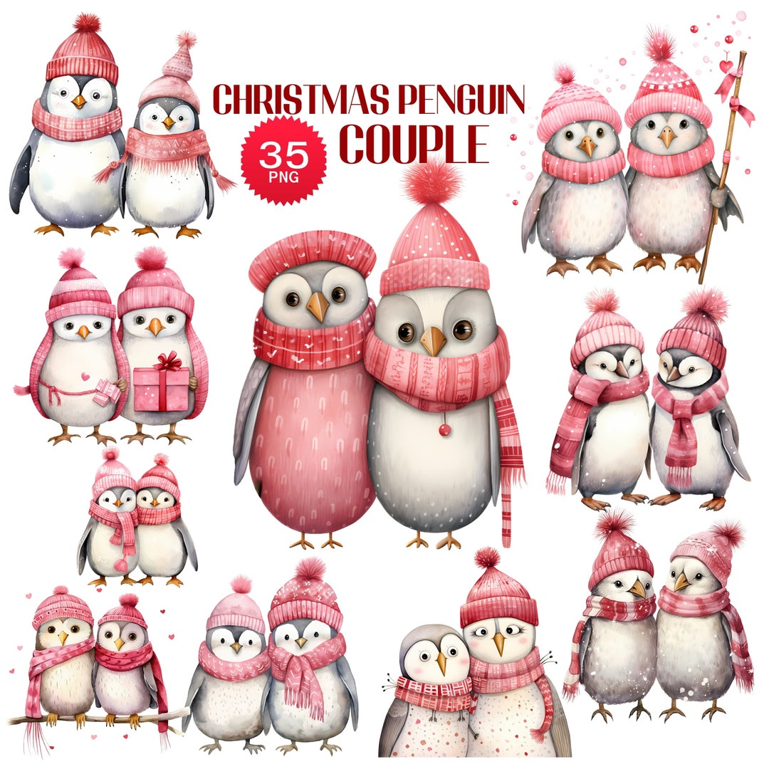Cute Pink Christmas Penguin Clipart, Pink Animal Couple, Cute Christmas ...