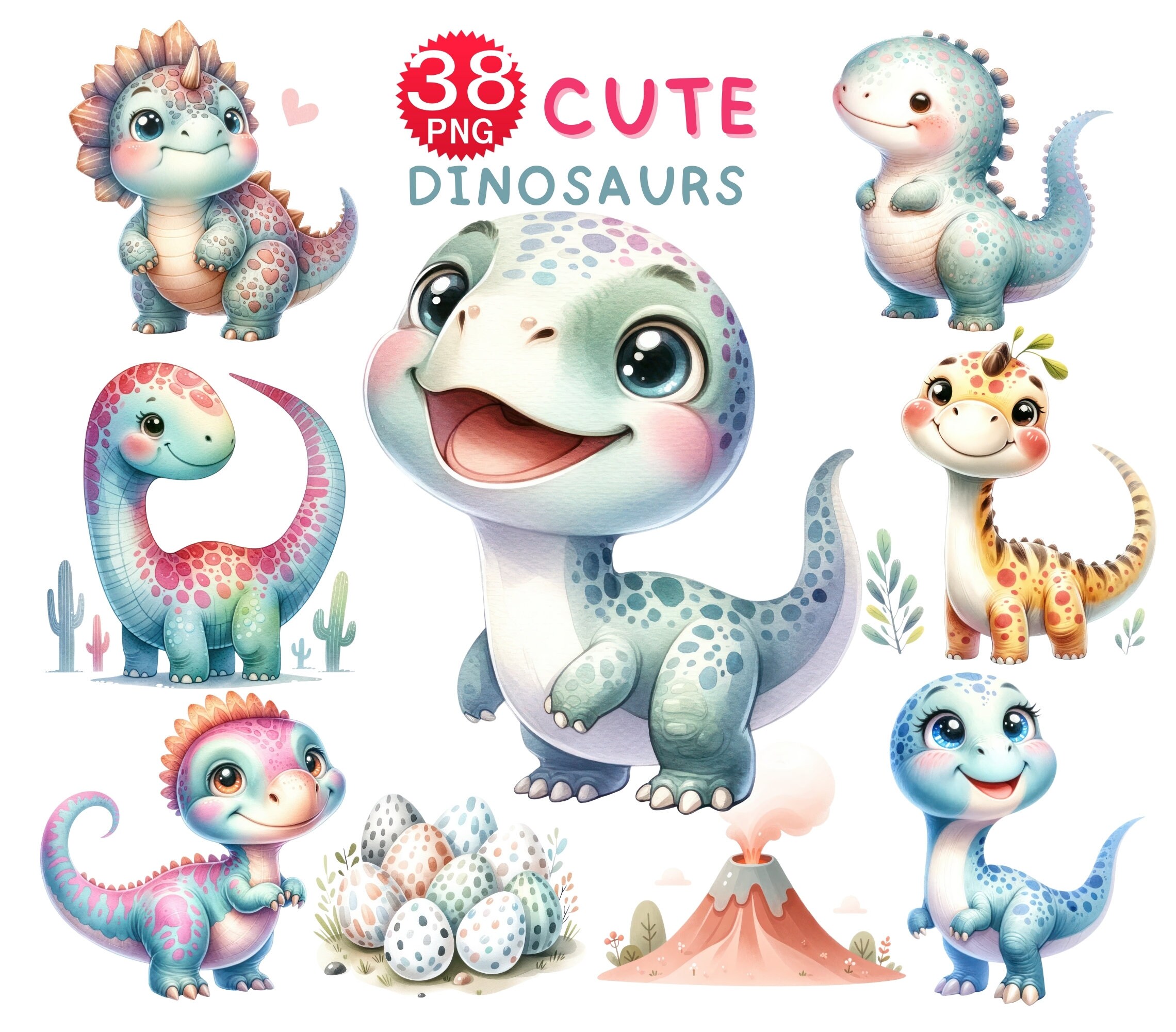 Cute Dinosaurs Clipart, Watercolor Dinosaur Clipart, Nursery Clipart ...
