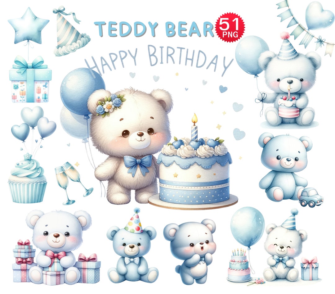 Watercolor Birthday Teddy Bear Clipart, Watercolor Birthday Party ...