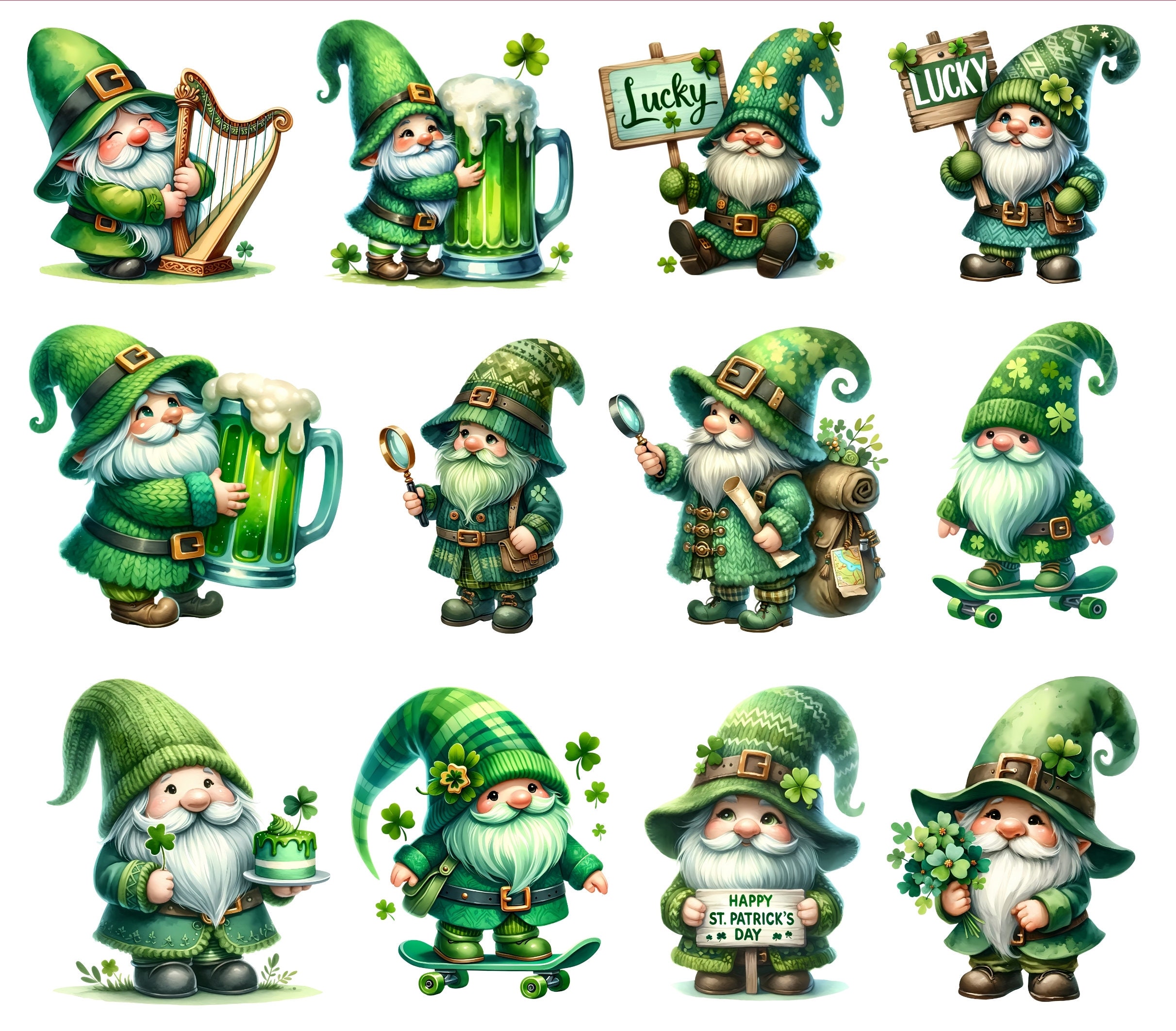 Watercolor Saint Patrick Gnomes Clipart, 46 PNG Festive Gnomes Clipart ...