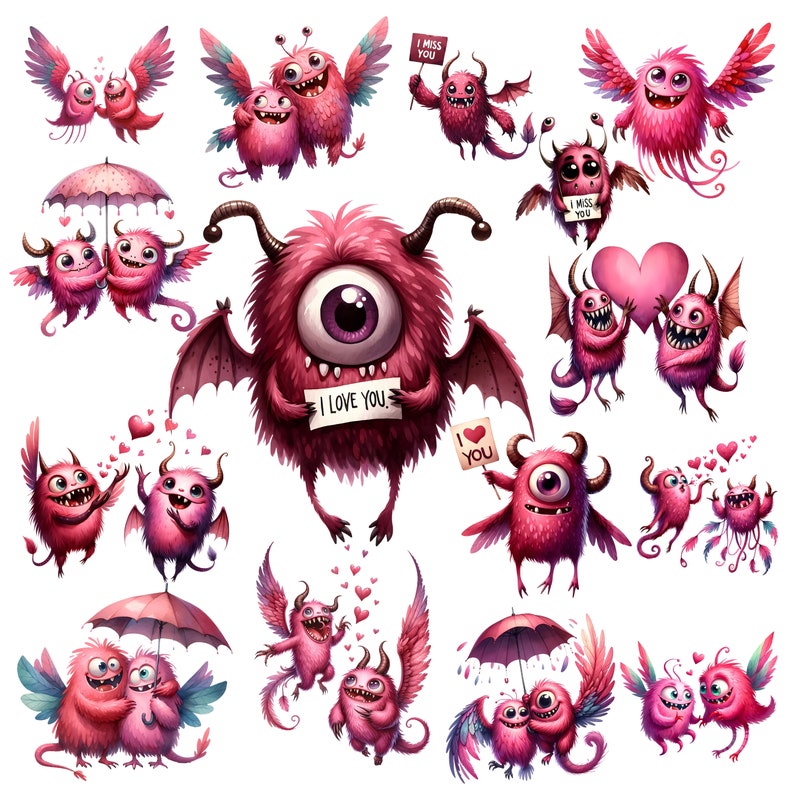 Cute Cartoon Valentine Monsters Clipart, 45 PNG, Valentine Day Clipart ...