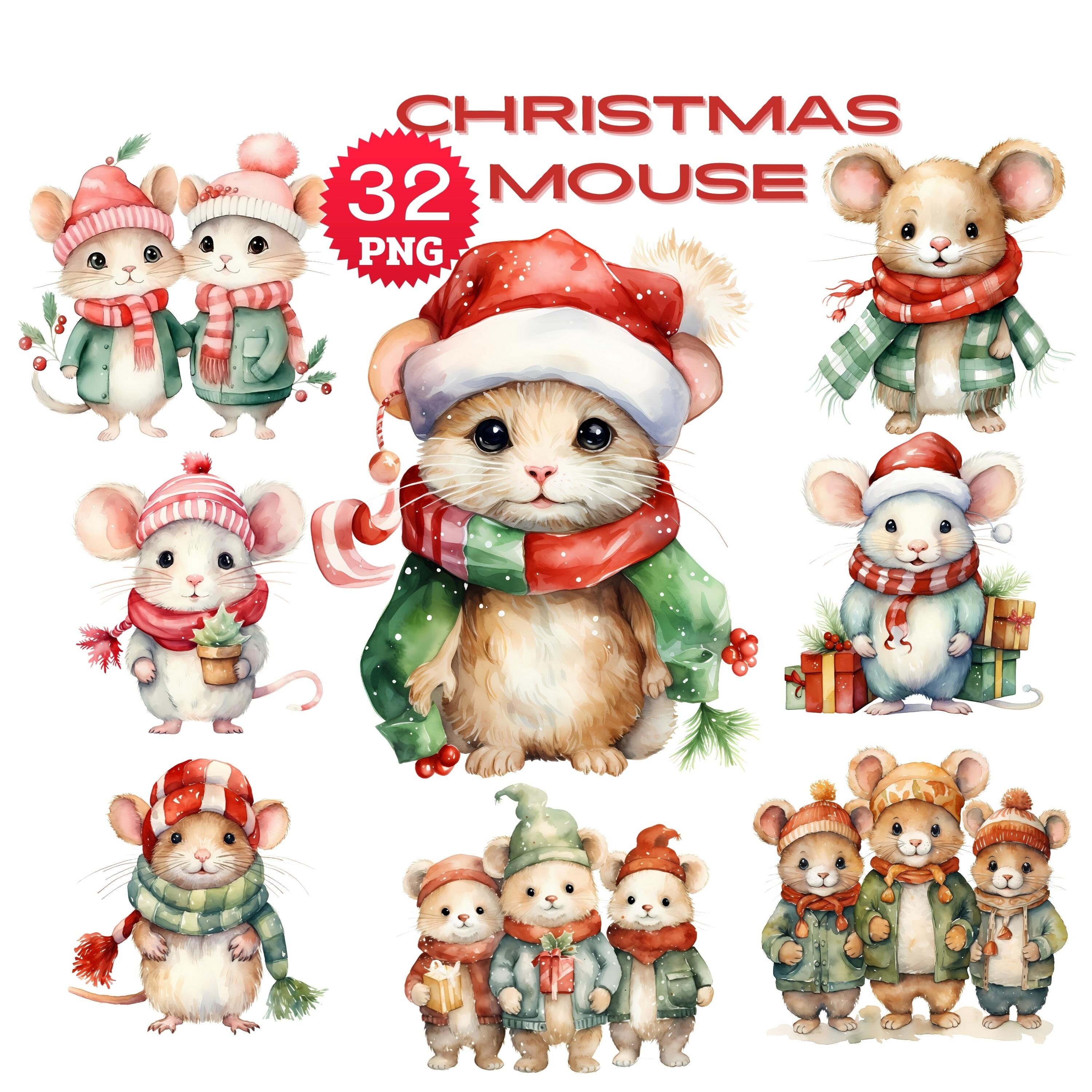 Christmas Mouse PNG Clipart Bundle, Watercolor Xmas Mouse, Merry ...