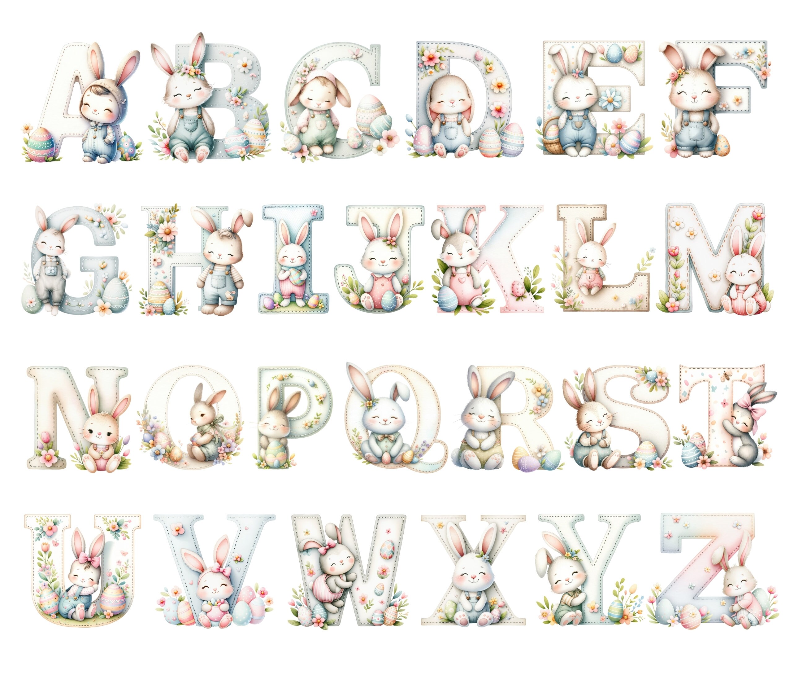 40 Alphabet Easter Bunny Clipart Bundle, Cute Easter Rabbits, Alphabet ...