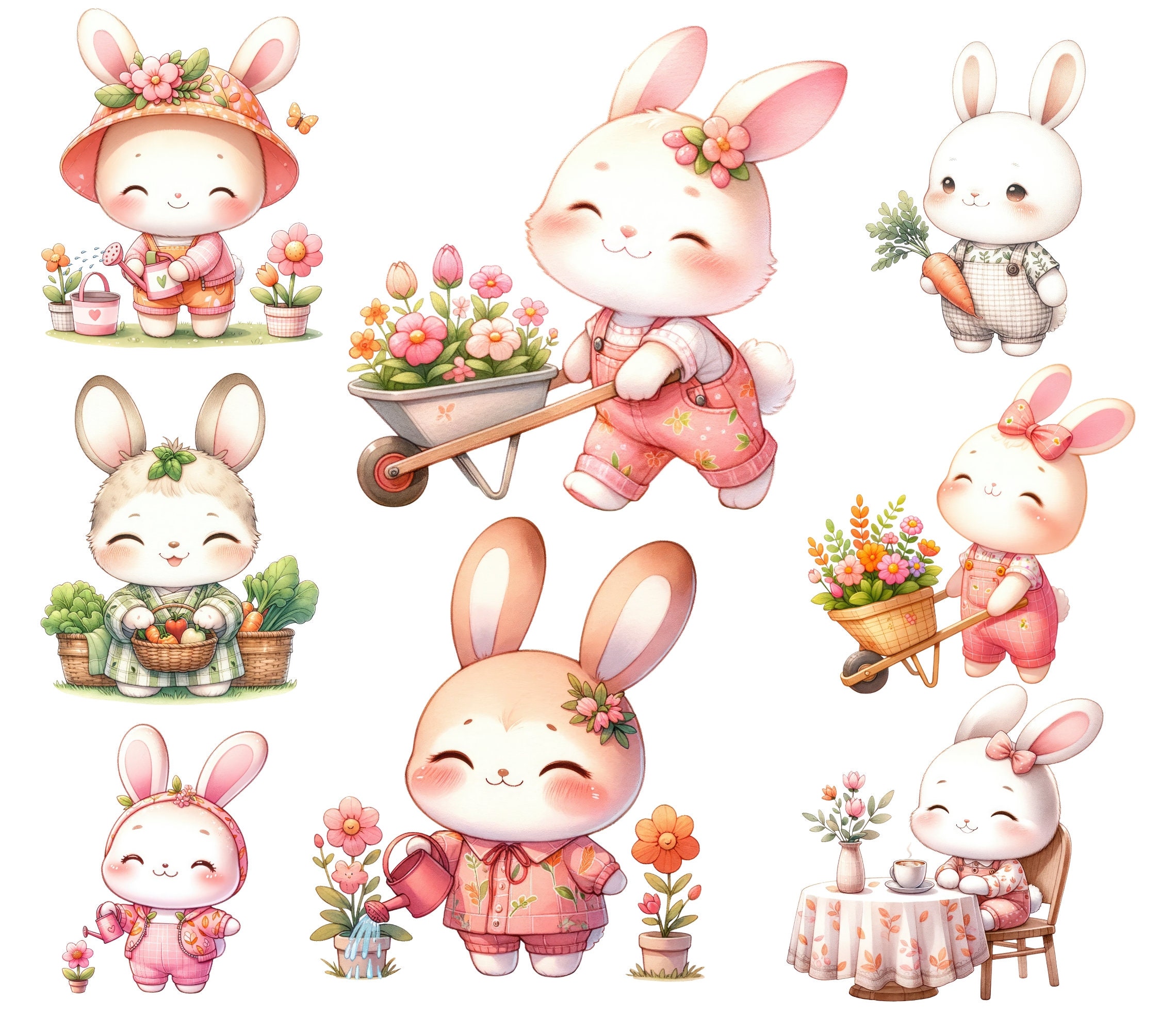Bunny Clipart Bundle, Garden Clipart, Spring Bunny Png Graphics, Rabbit ...