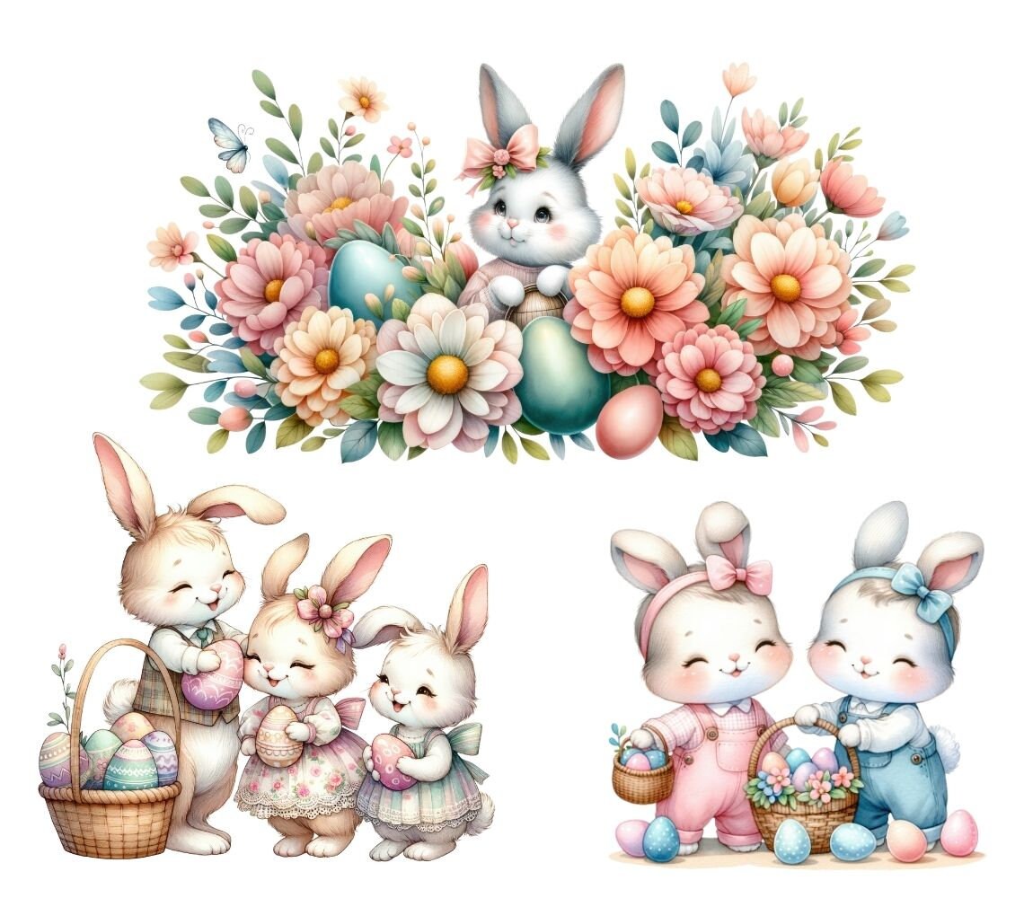Watercolor Easter Bunnies Clipart, Spring Bundle, Cute Baby Animals ...