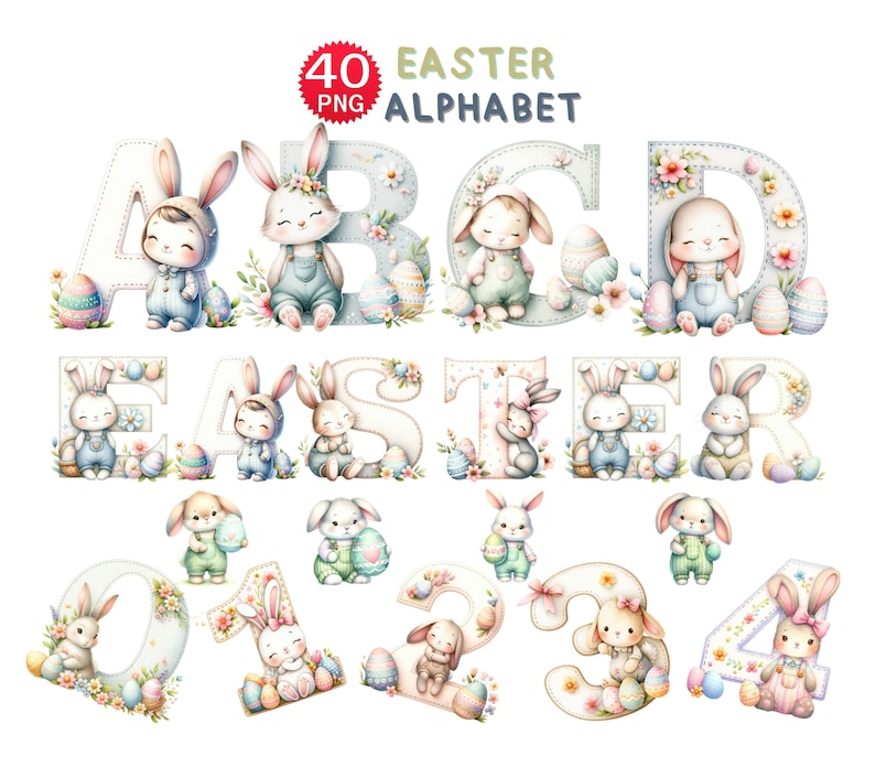 40 Alphabet Easter Bunny Clipart Bundle, Cute Easter Rabbits, Alphabet ...