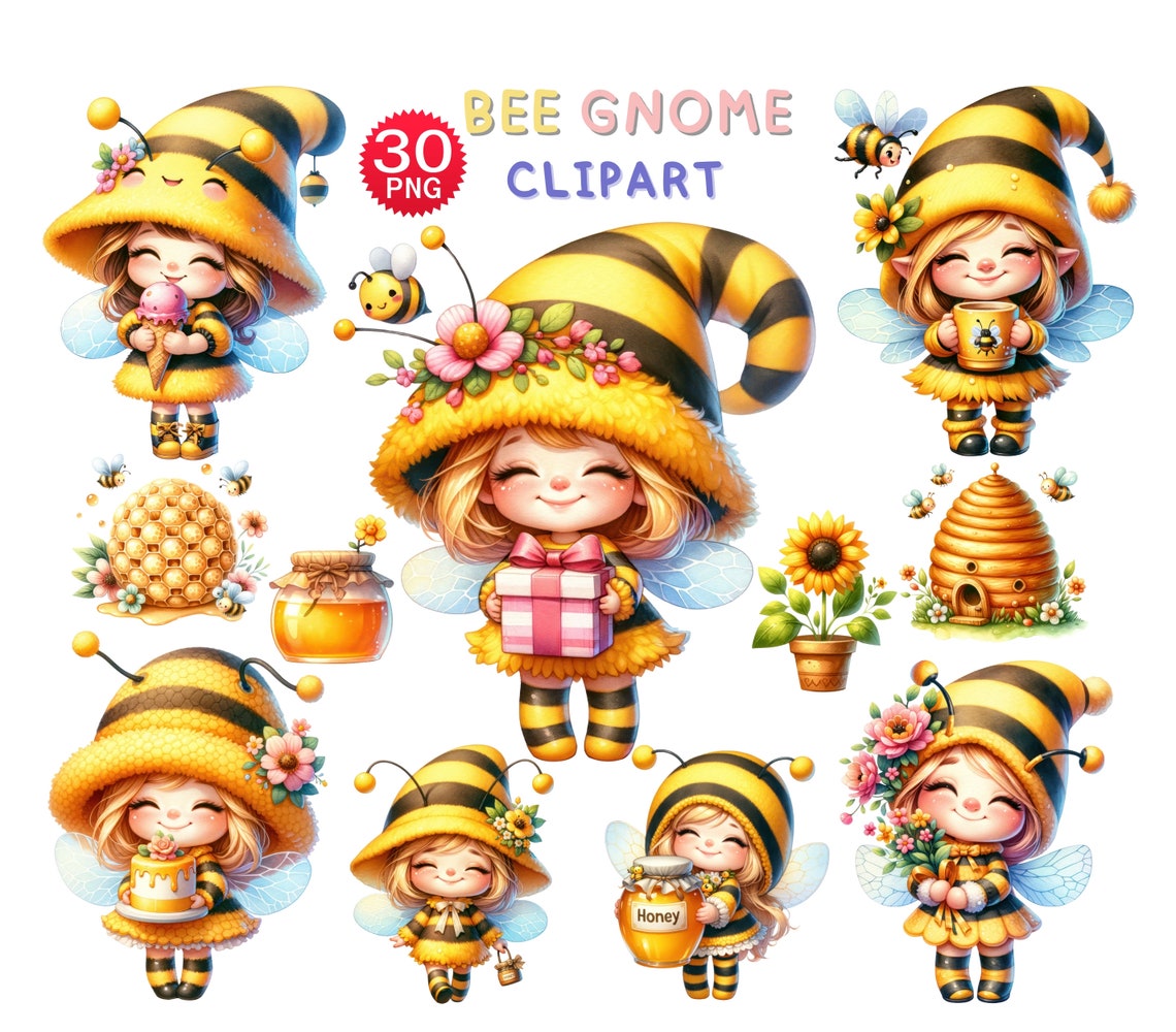Bee Gnomes Clipart, Gnome Bee Clipart, Bee Clipart, Watercolor Bee ...