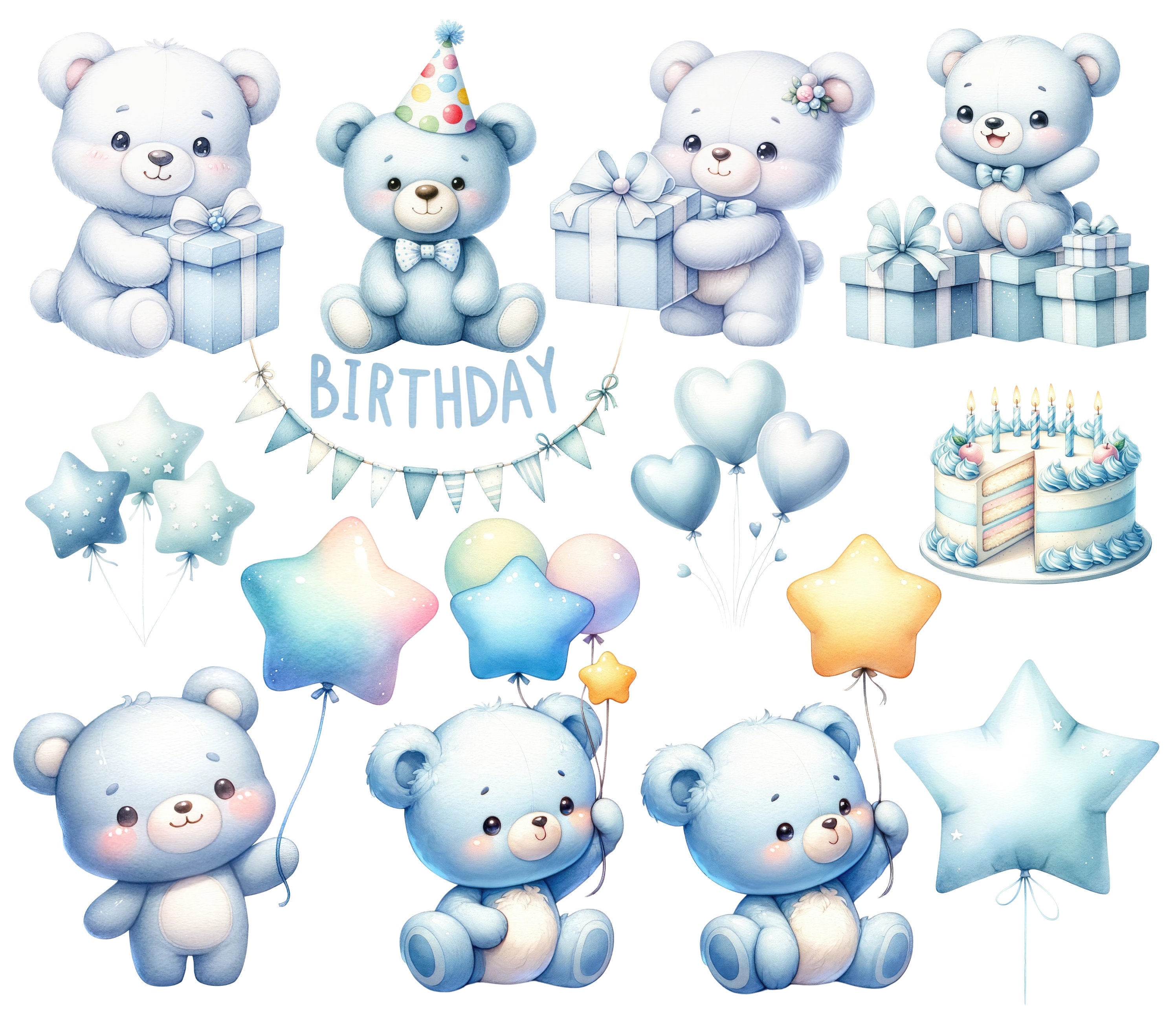 Watercolor Birthday Teddy Bear Clipart: Blue Bear Party Set (PNG/PDF ...