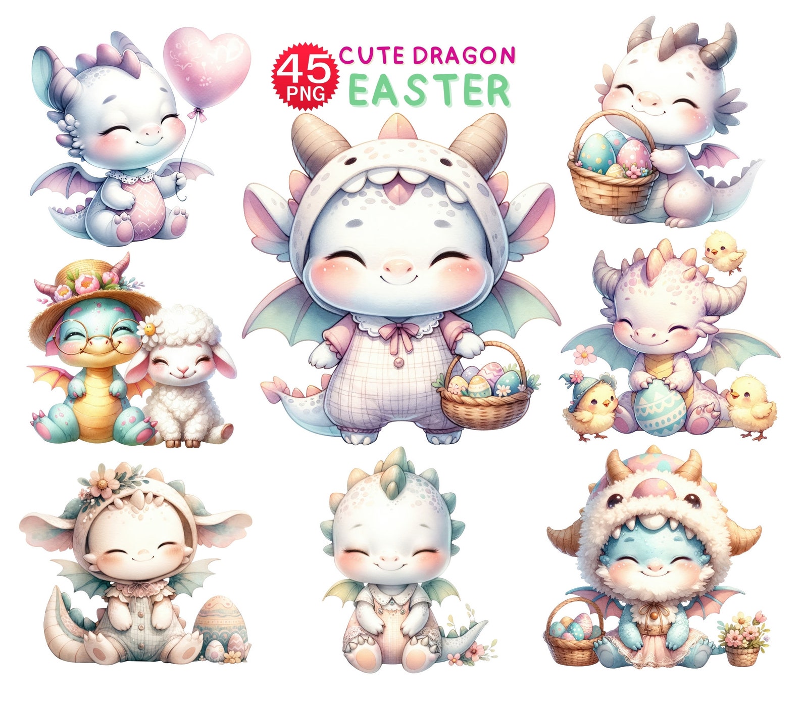 Cute Easter Dragon Clipart, Watercolor PNG (digital Download) - Etsy