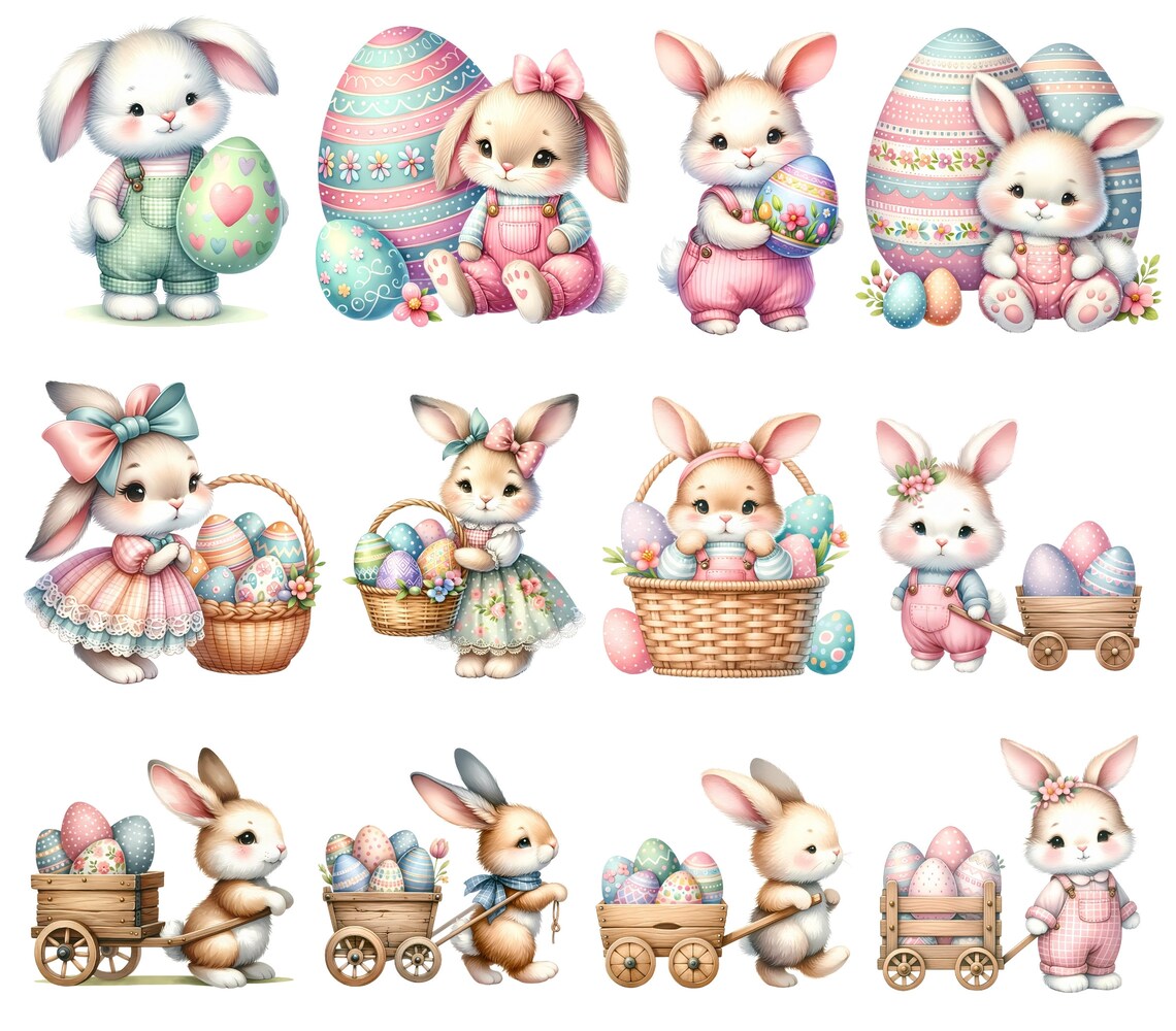 Watercolor Easter Bunnies Clipart, Spring Bundle,cute Baby Animals,png ...