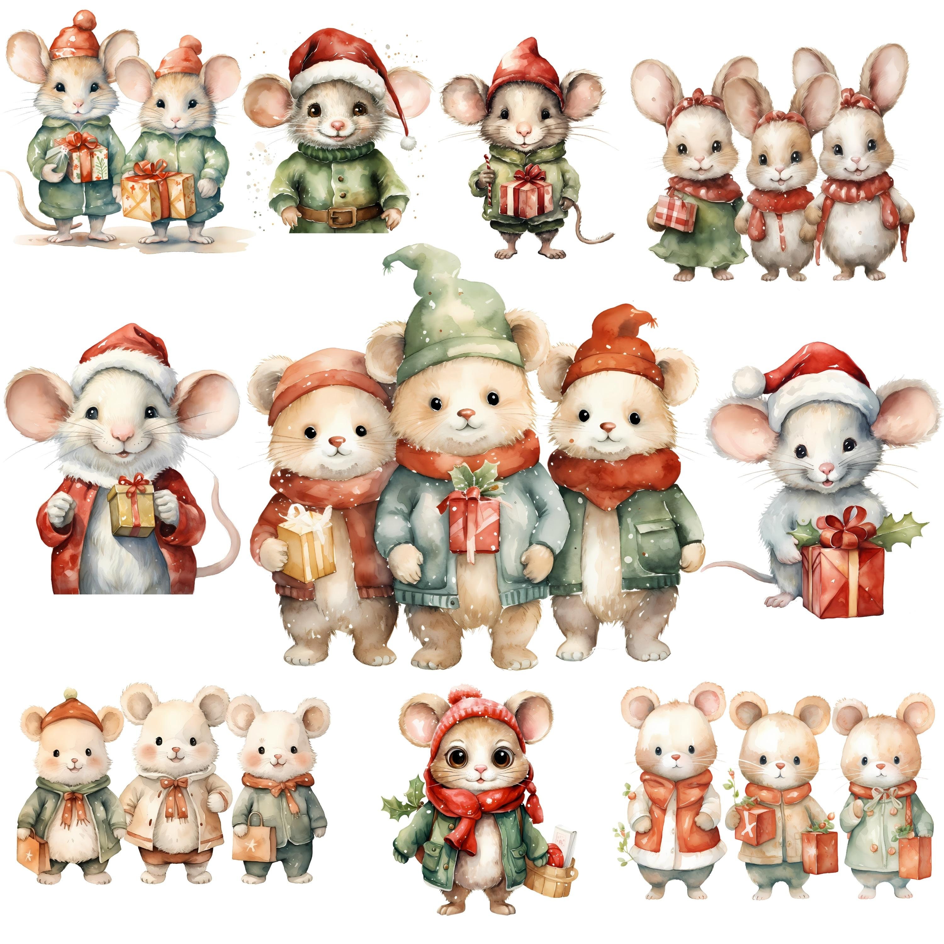 Christmas Mouse PNG Clipart Bundle, Watercolor Xmas Mouse, Merry ...