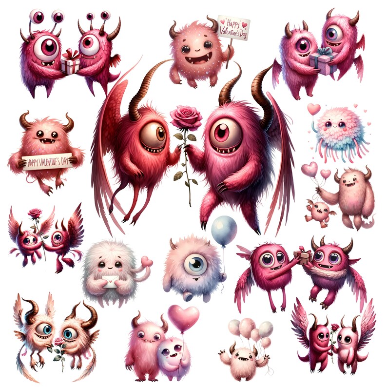 Cute Cartoon Valentine Monsters Clipart, 45 PNG, Valentine Day Clipart ...