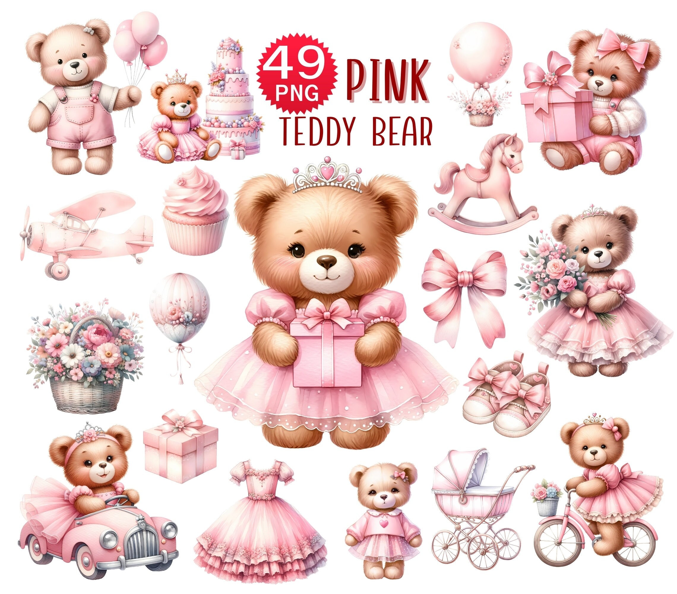Pink Watercolor Teddy Bear Clipart, Pink Teddy Bear Clipart for Girls ...