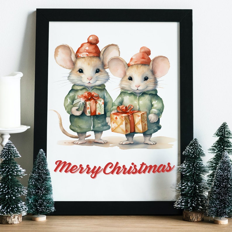 Christmas Mouse PNG Clipart Bundle, Watercolor Xmas Mouse, Merry ...