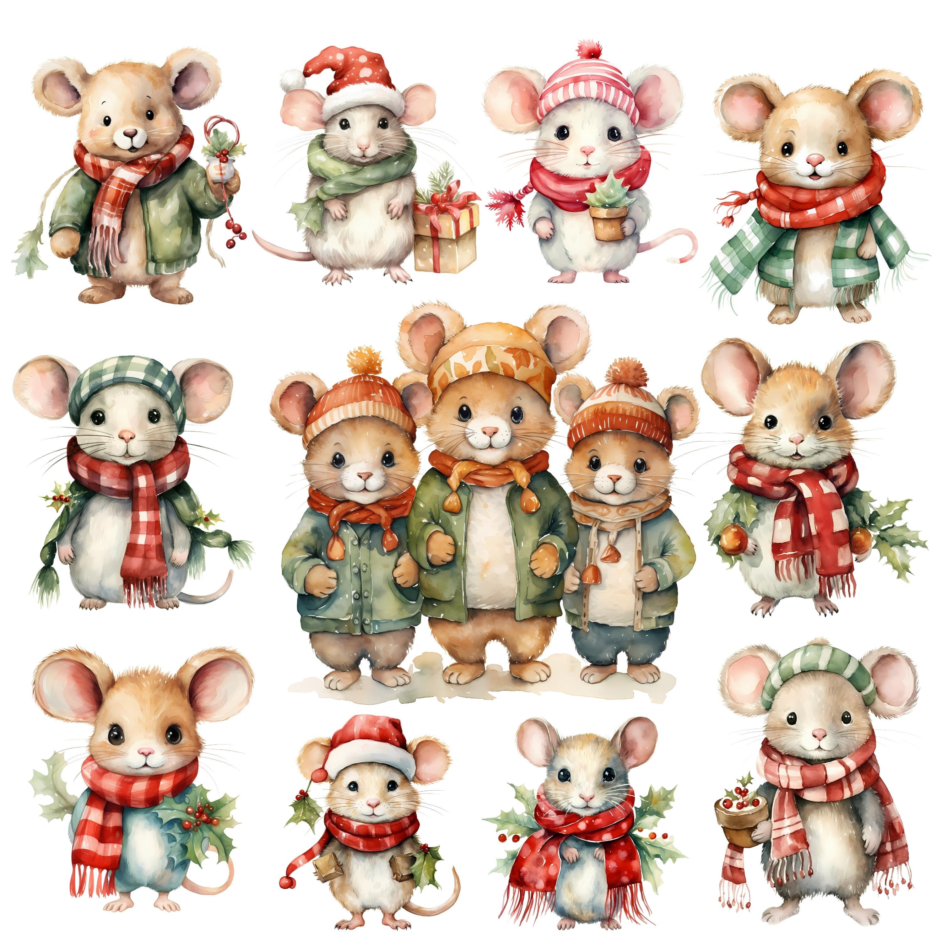 Christmas Mouse PNG Clipart Bundle, Watercolor Xmas Mouse, Merry ...