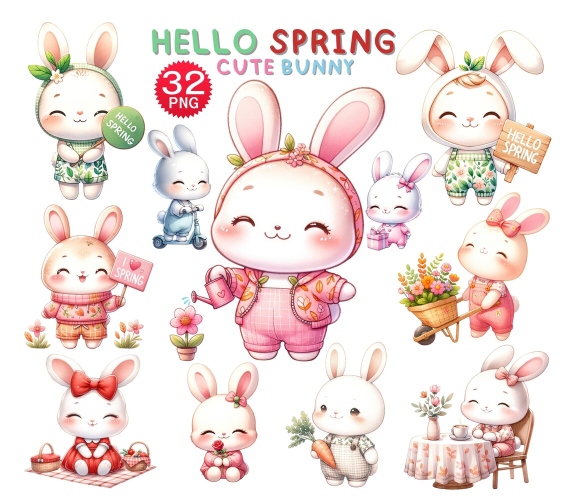 Bunny Clipart Bundle, Garden Clipart, Spring Bunny Png Graphics, Rabbit ...