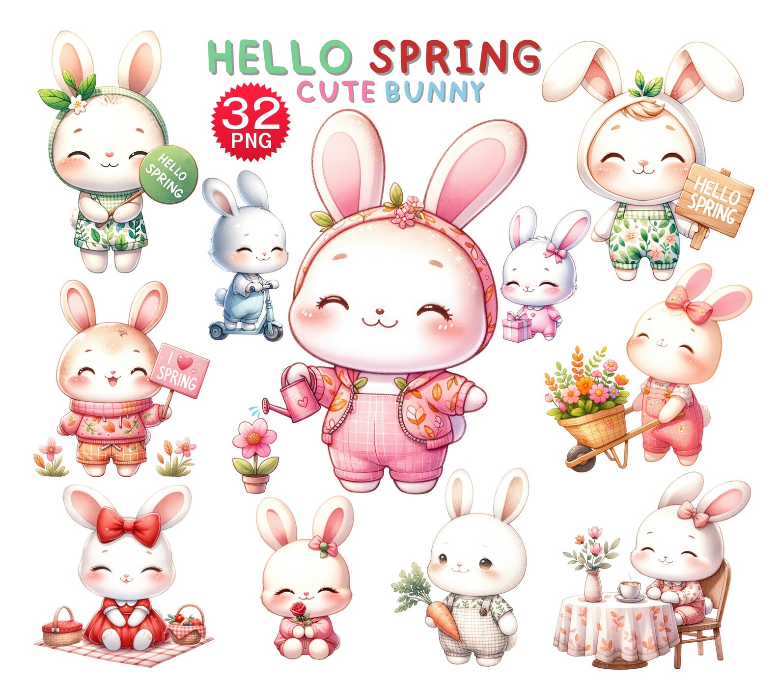 Bunny Clipart Bundle, Garden Clipart, Spring Bunny Png Graphics, Rabbit ...