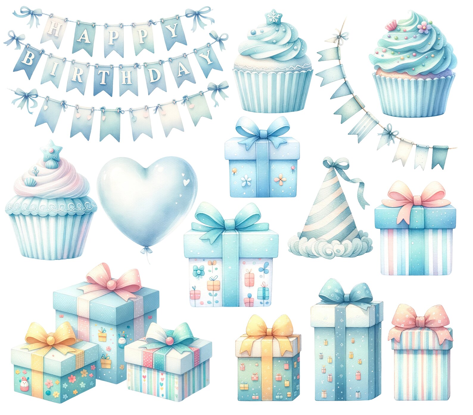 Watercolor Birthday Teddy Bear Clipart: Blue Bear Party Set (PNG/PDF ...