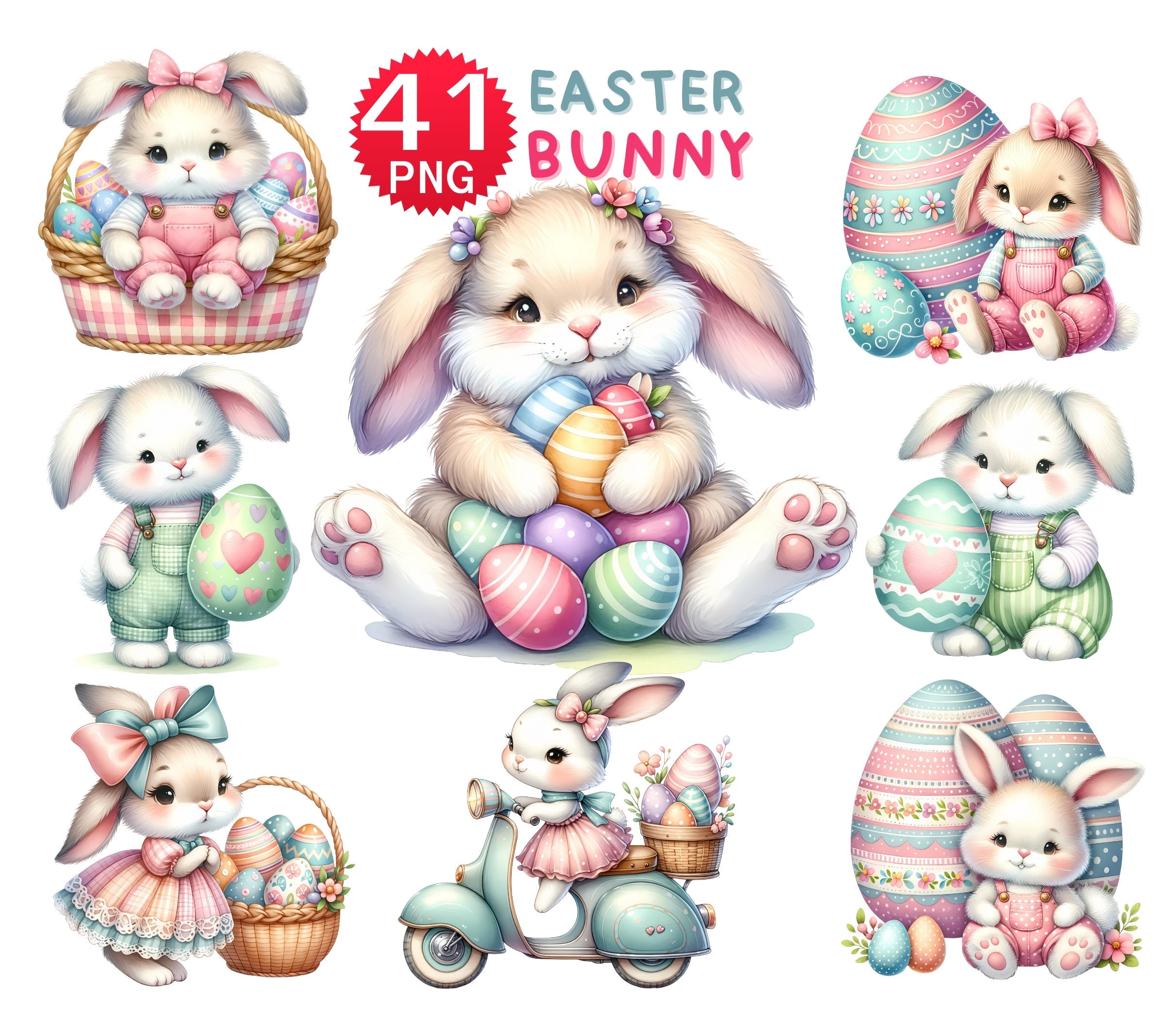 Watercolor Easter Bunnies Clipart, Spring Bundle,cute Baby Animals,png ...