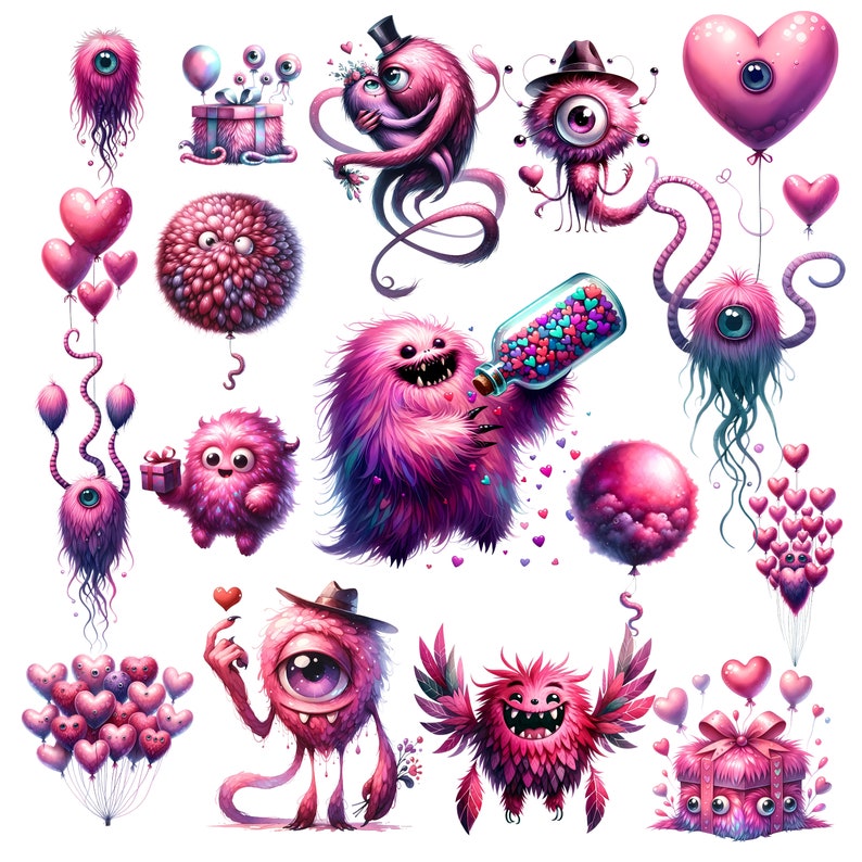 Cute Cartoon Valentine Monsters Clipart, 45 PNG, Valentine Day Clipart ...