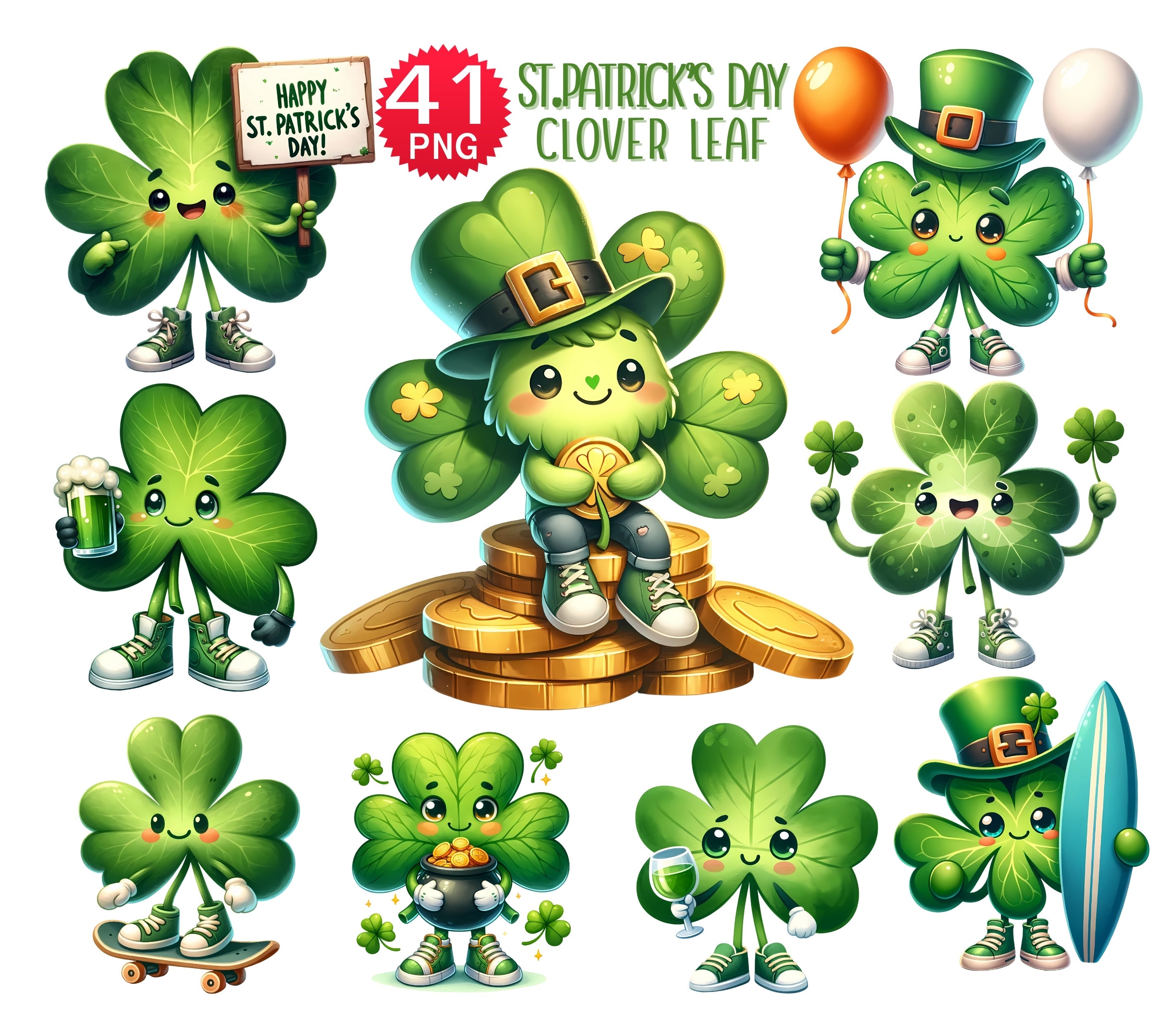 Watercolor St. Patrick's Day Clipart, Clover Cartoon PNG (commercial ...