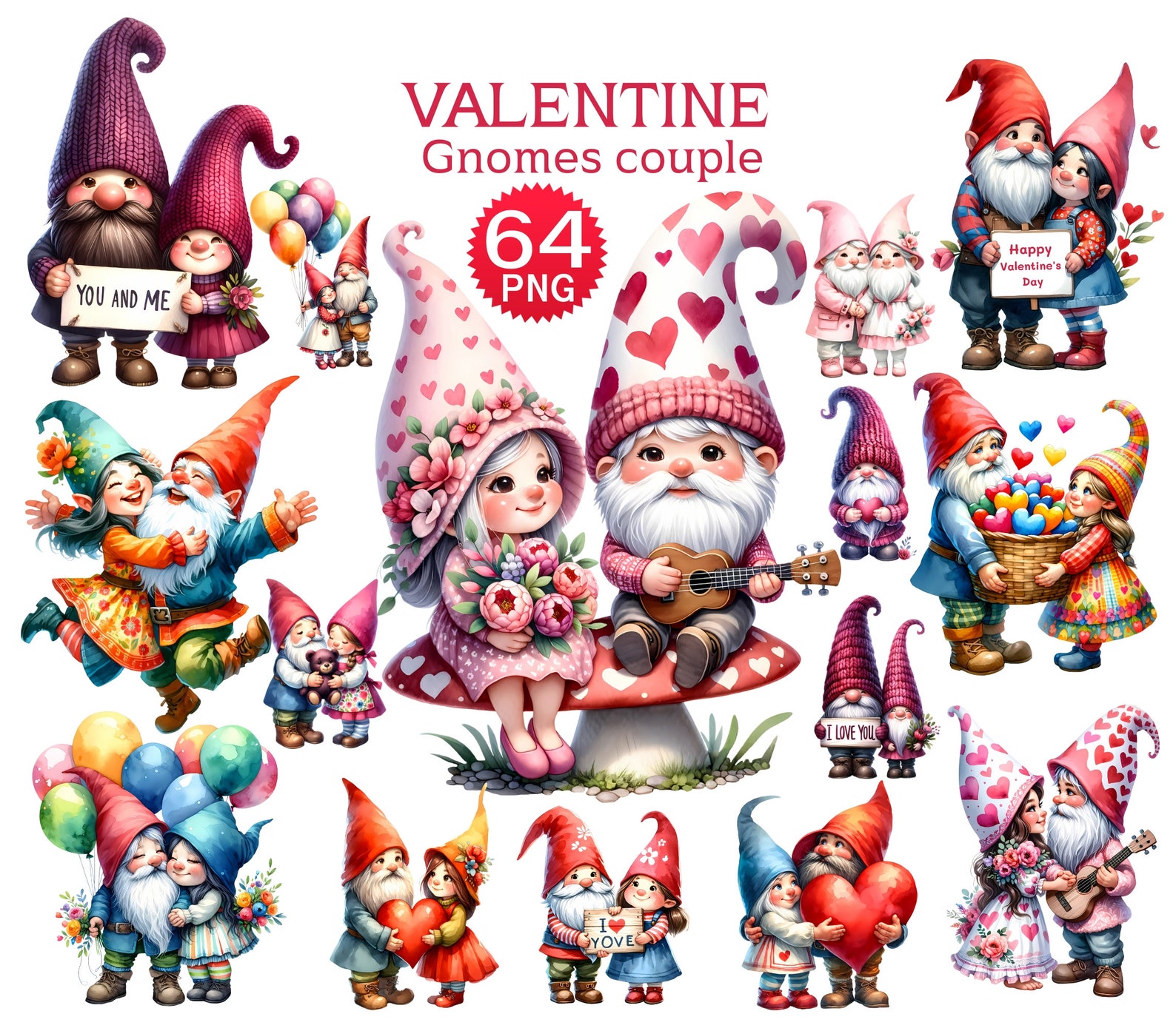 Valentine Gnome Couple Clipart, Watercolor PNG (digital Download) - Etsy