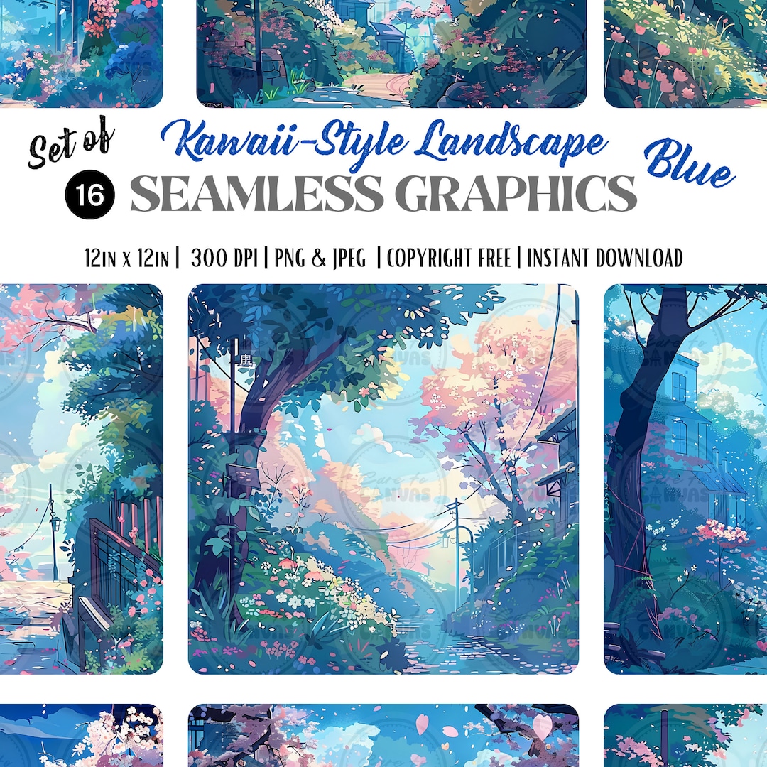 Seamless Kawaii-style LANDSCAPE Patterns in BLUE Copywrite-free Perfect ...