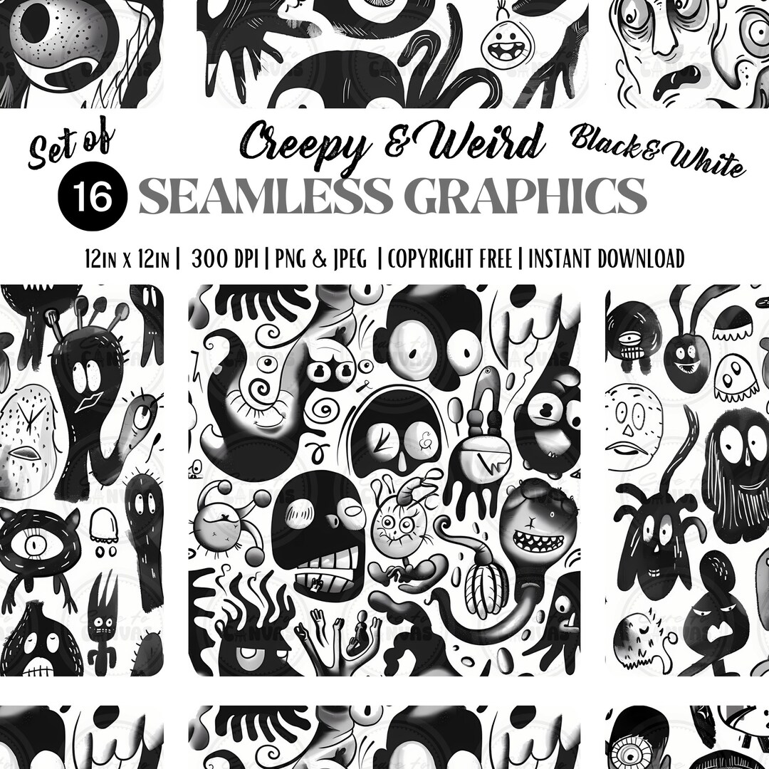 Digital Seamless Surface Patterns | Spooky Weird Cartoons in Black ...