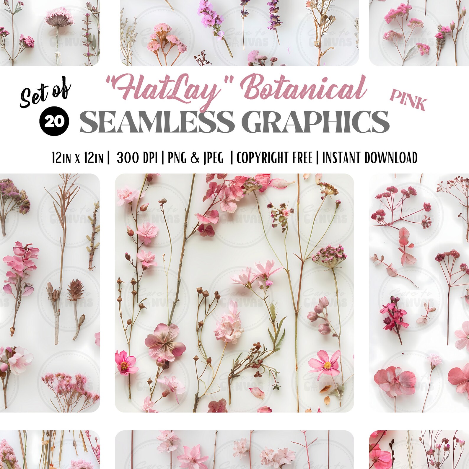 Digital Seamless Surface Patterns PINK Botanical Flatlay Photography ...