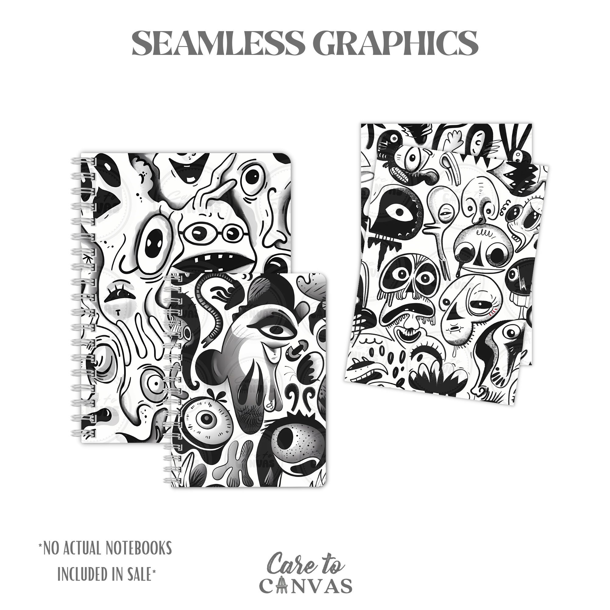 Digital Seamless Surface Patterns | Spooky Weird Cartoons in Black ...
