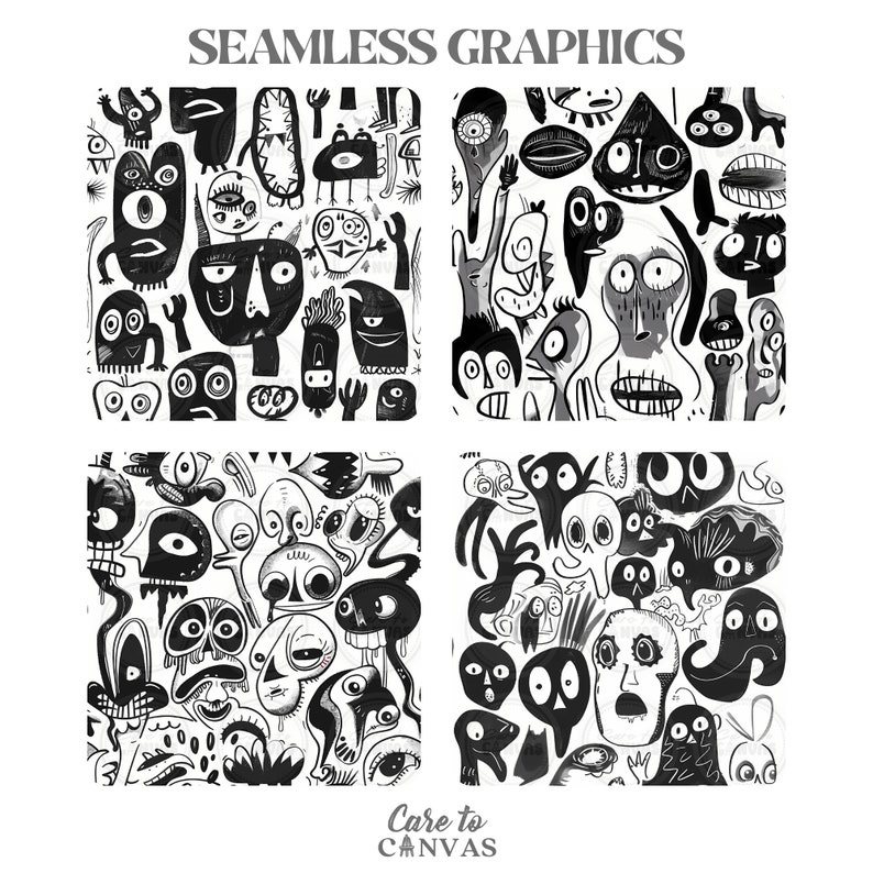 Digital Seamless Surface Patterns | Spooky Weird Cartoons in Black ...