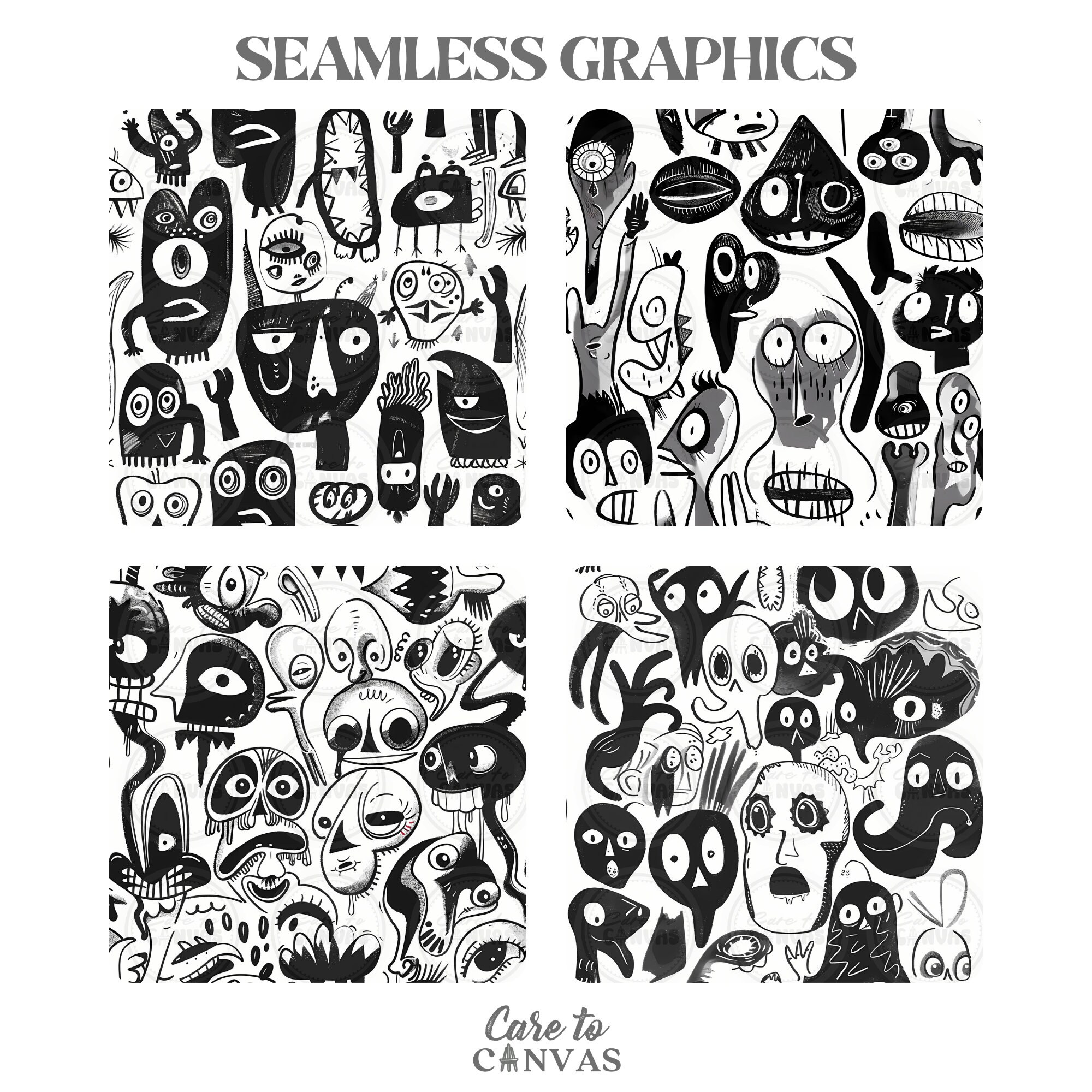 Digital Seamless Surface Patterns | Spooky Weird Cartoons in Black ...